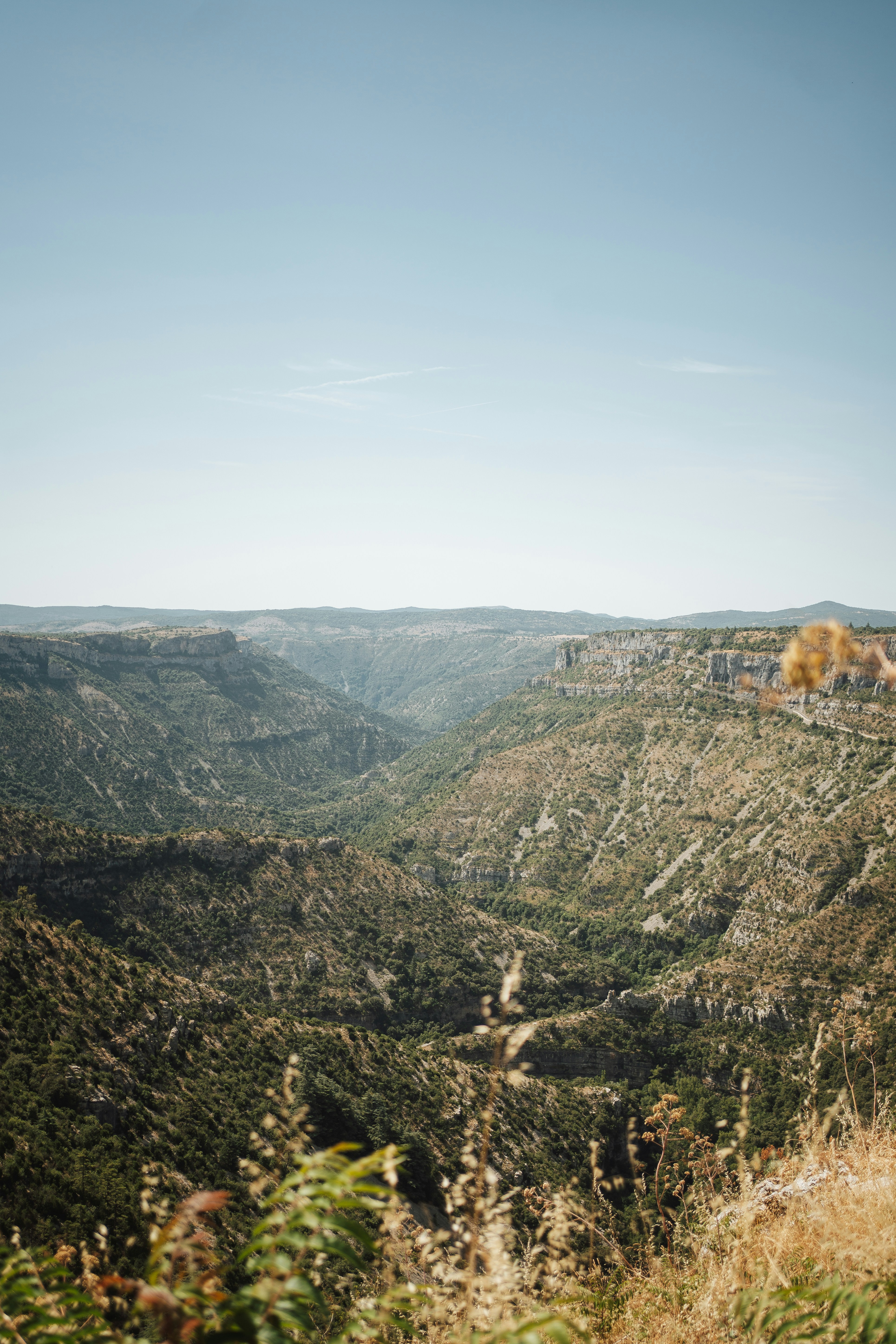 Expansive view of a lush valley surrounded by rugged cliffs under a clear sky. The scene captures the intricate interplay of light and shadow across the landscape.
