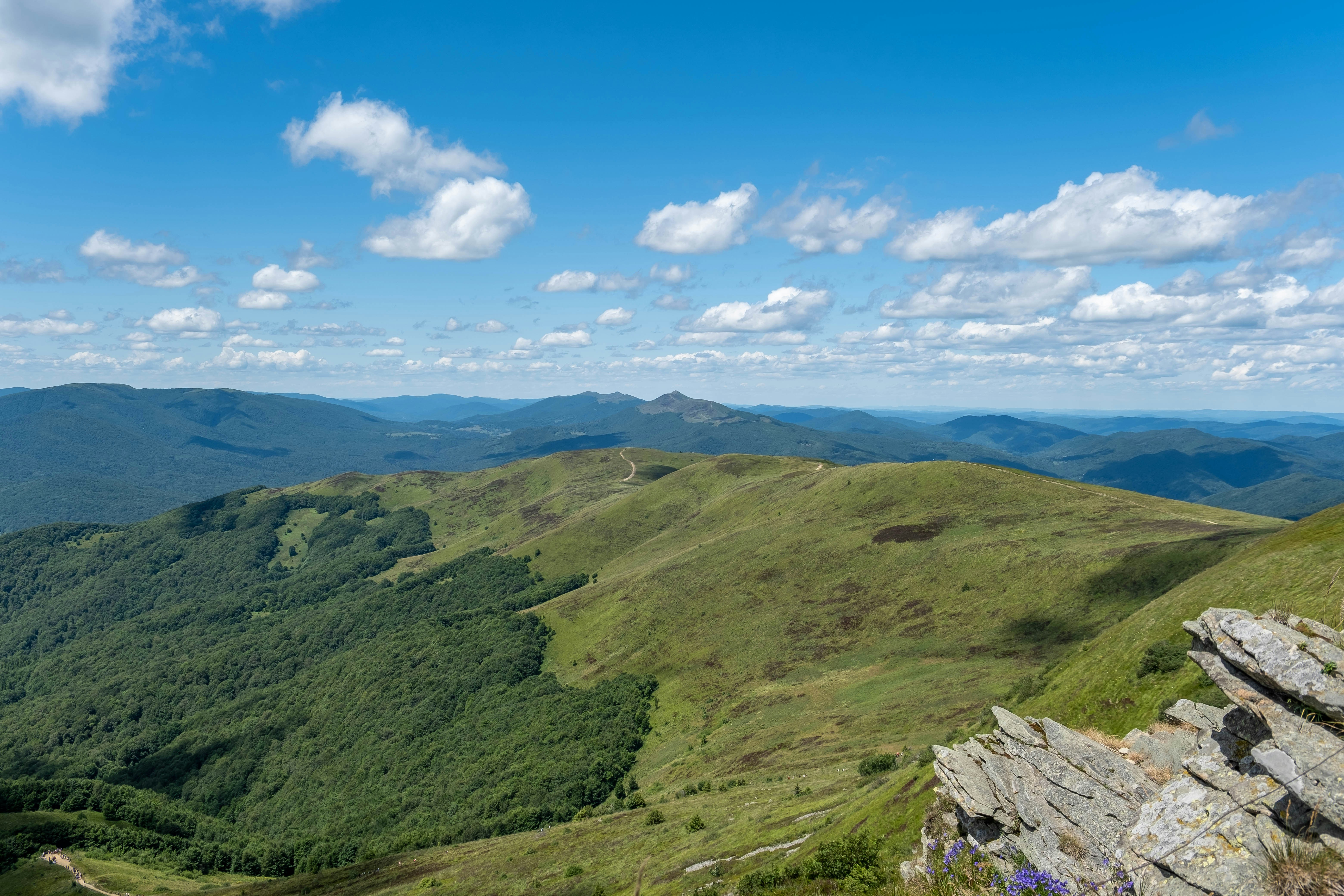 A view from Tarnica towards the ridge “Szeroki Wierch” in the Bieszczady Mountains. | Rolling green hills under a blue sky with clouds