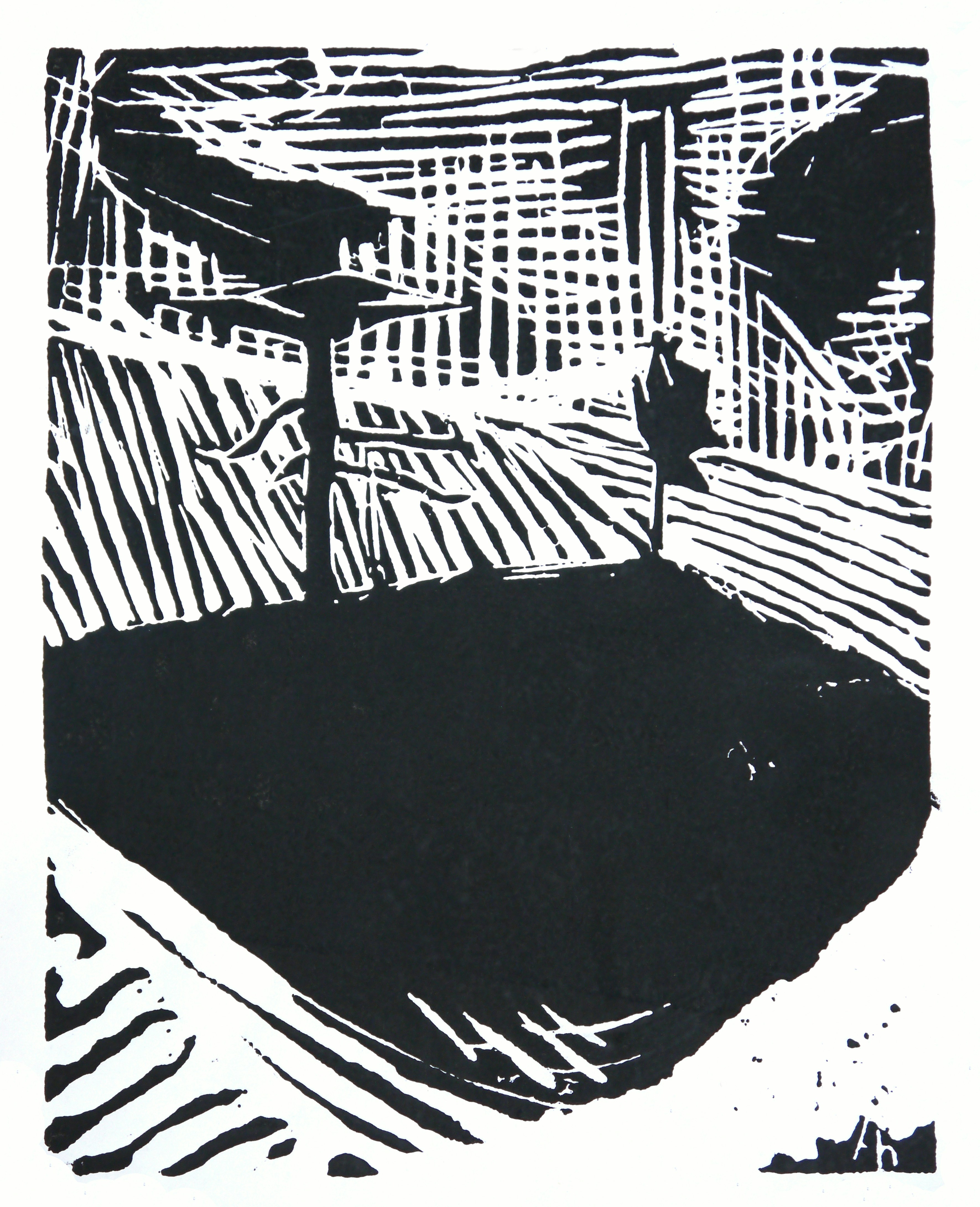 a linocut on paper in black and white of fields and trees. The print I made after a sketch of a farmer landscape in the East of the Netherlands - Dutch artist Fons Heijnsbroek - cut and printed in 1988. Free download art image. | Abstract landscape with a tree and a figure.