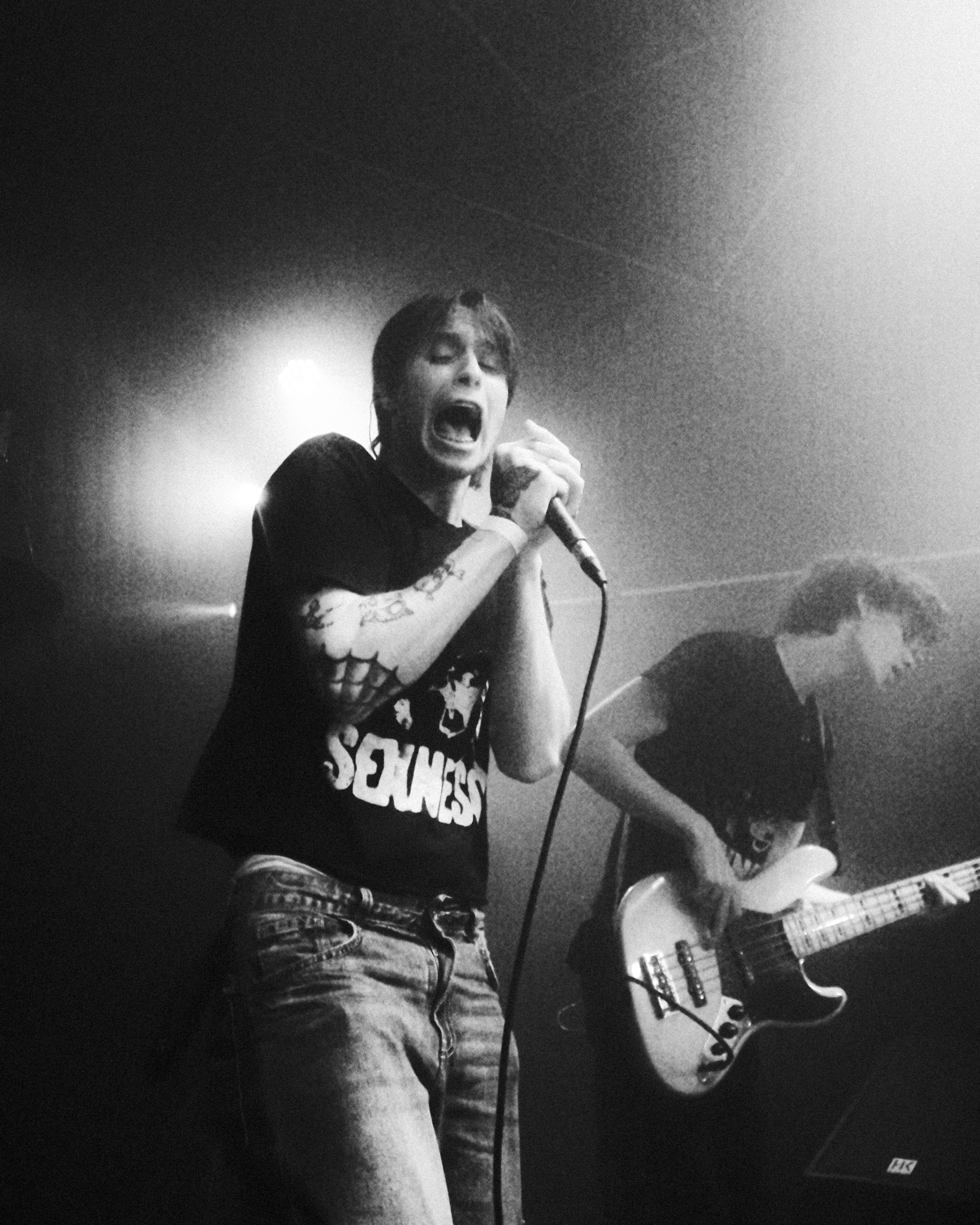 Singer screams into microphone with guitarist playing bass. photo ...