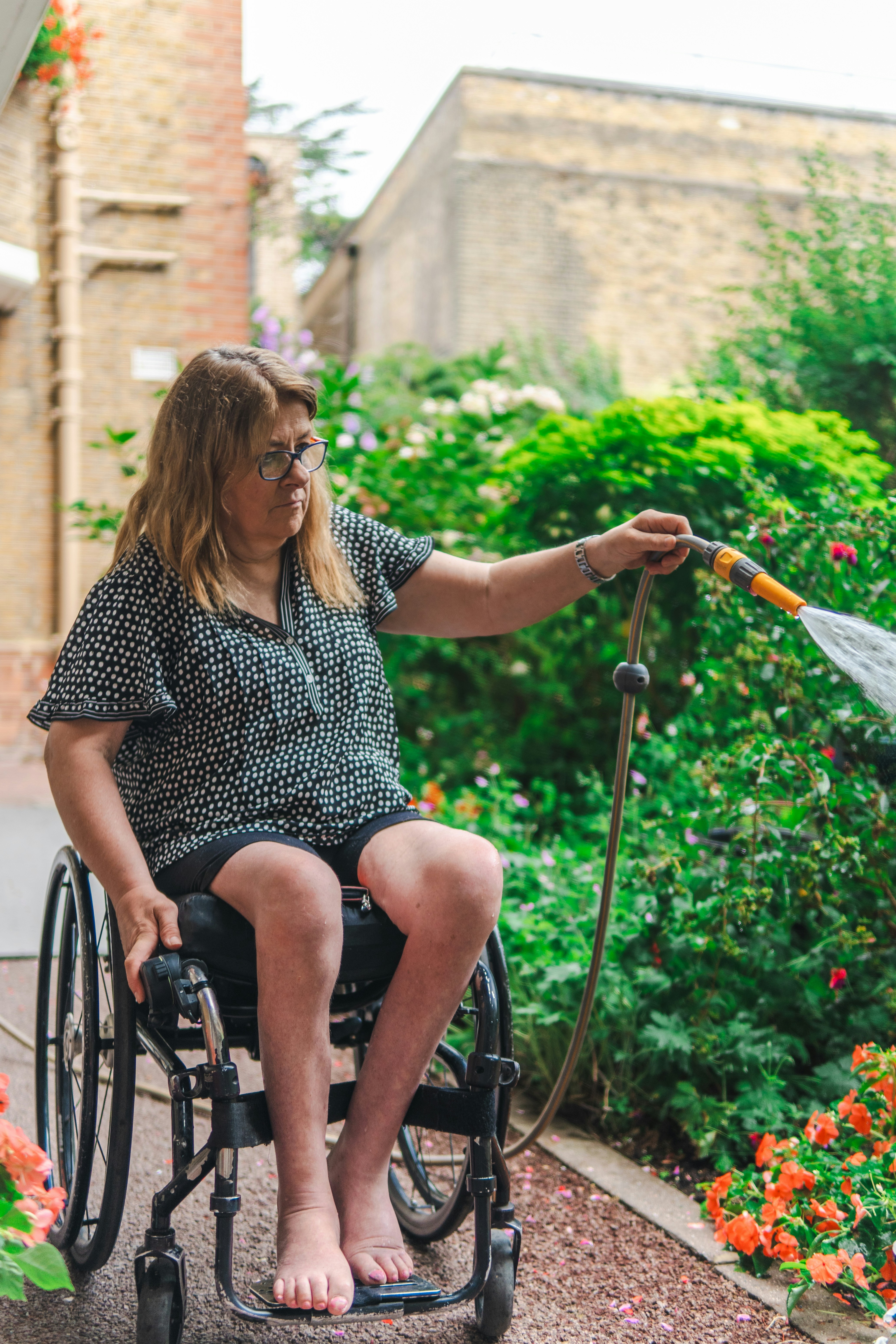 Wheelchair Gardener in a Sunlit Garden, Tending Blooming Edges with a Hose