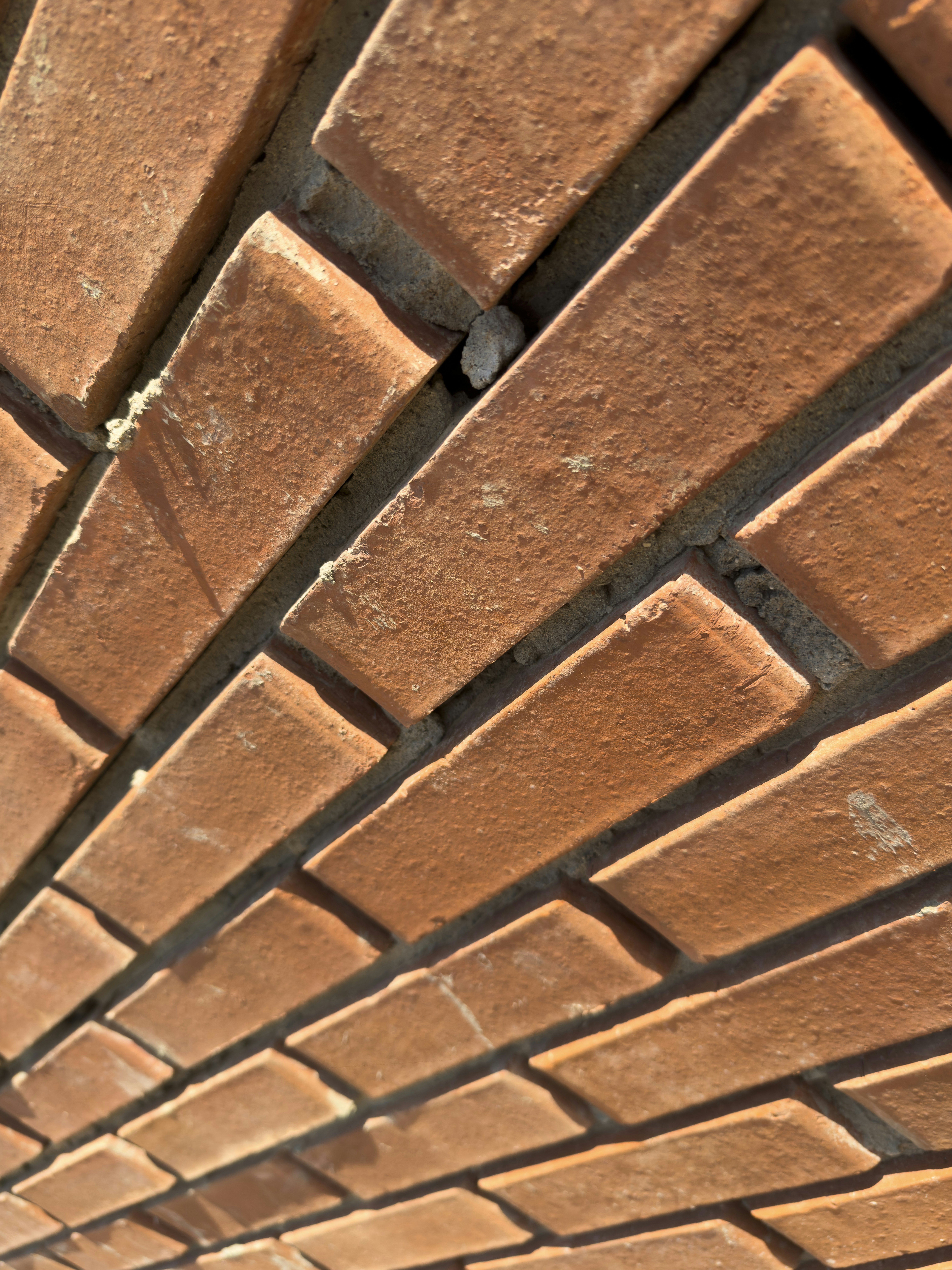 close-up of brick wall surface | Orange brick wall with a small dark object.