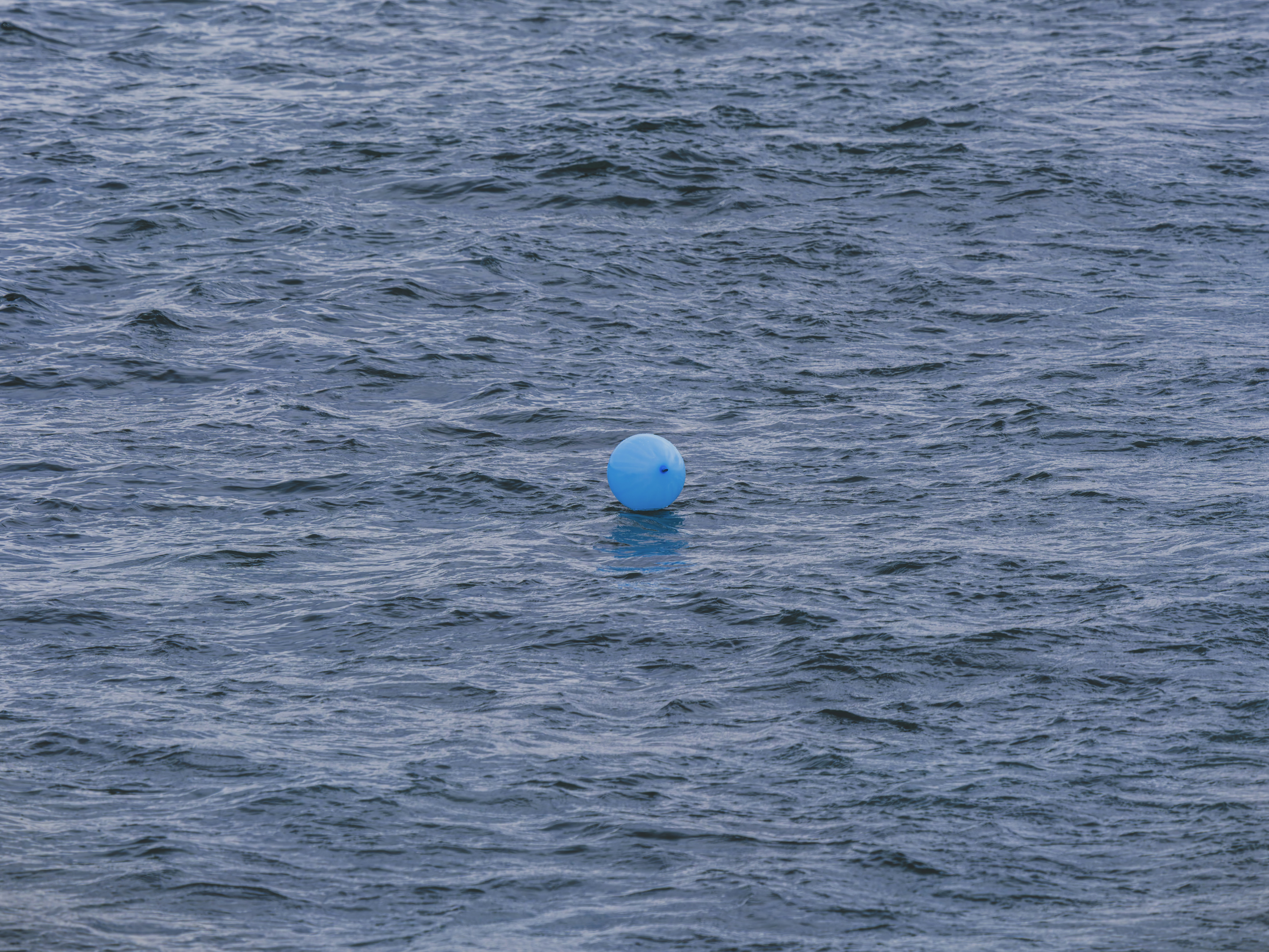 single blue balloon on ocean surface | A single blue buoy floats on the water.
