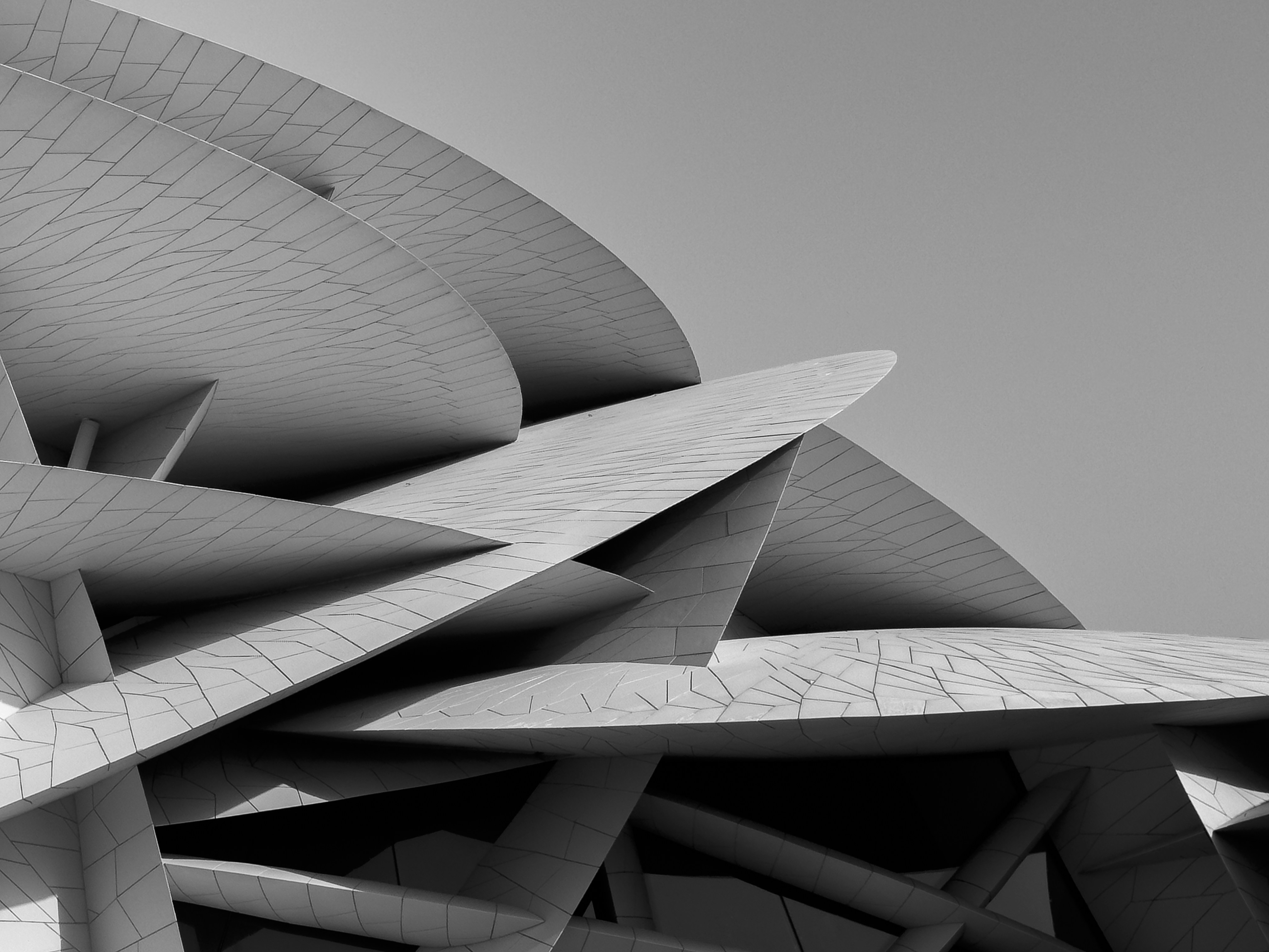 Dynamic interplay of curved and angular forms in a striking architectural design. The image showcases intricate lines and textures against a minimalist backdrop.