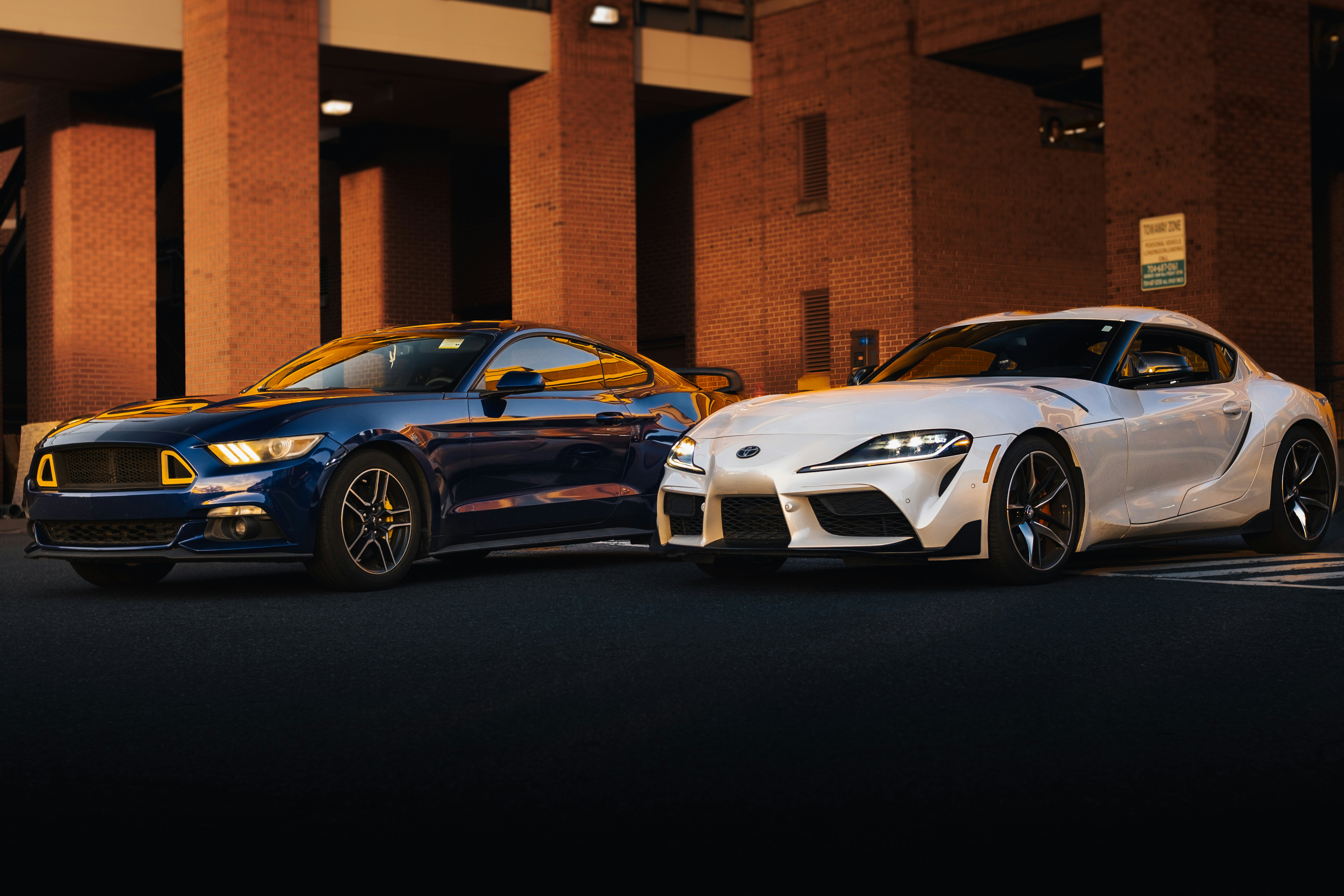 A dark blue Mustang paired with a white Toyota Supra at a parking lot for car photoshoot. | Two sports cars, blue and white, parked outside.