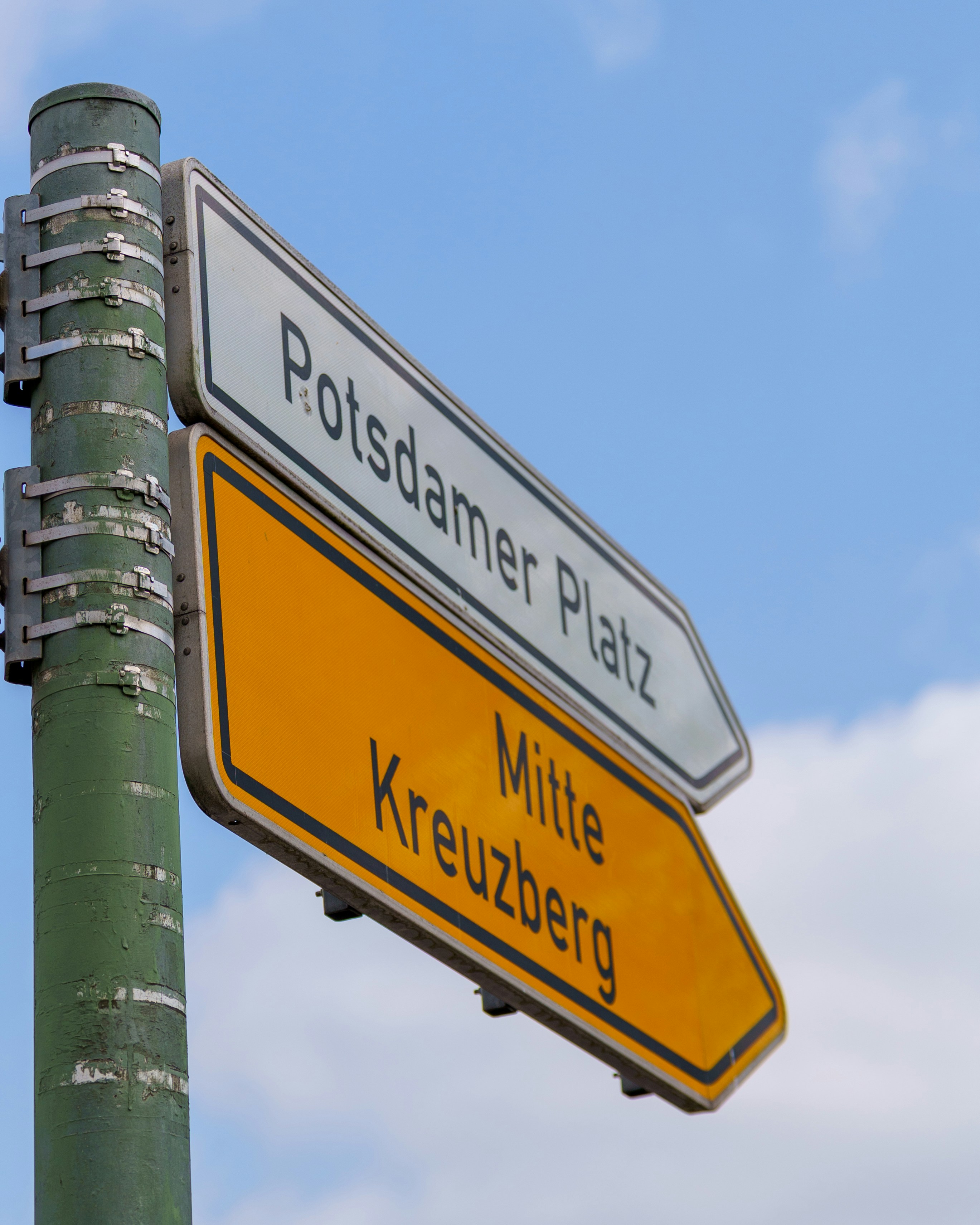 Street signs indicating directions to Potsdamer Platz, Mitte, and Kreuzberg against a blue sky.
