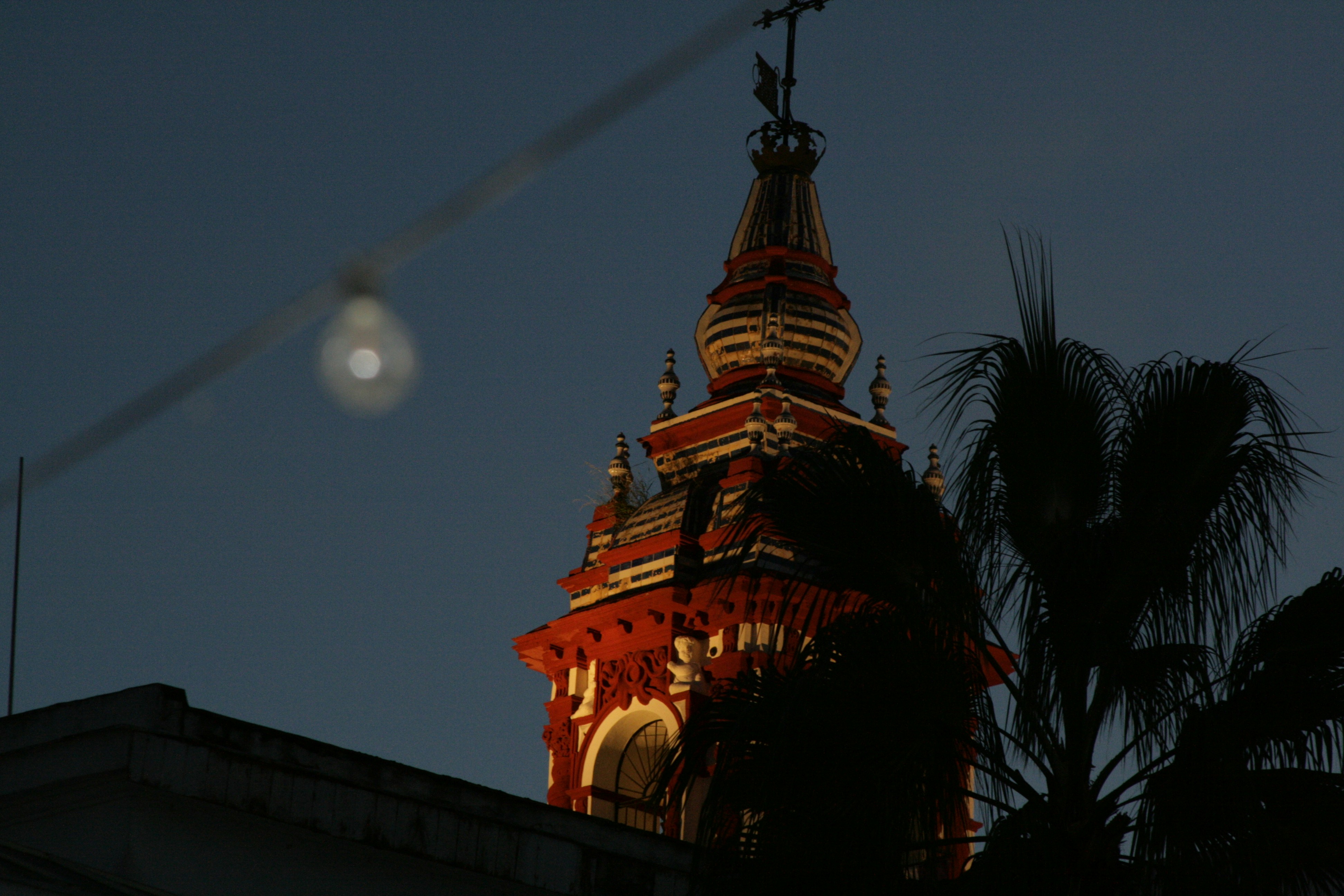 Crimson Spire at Dusk: A Temple Tower Amid Palm Shadows and a Lone Bulb