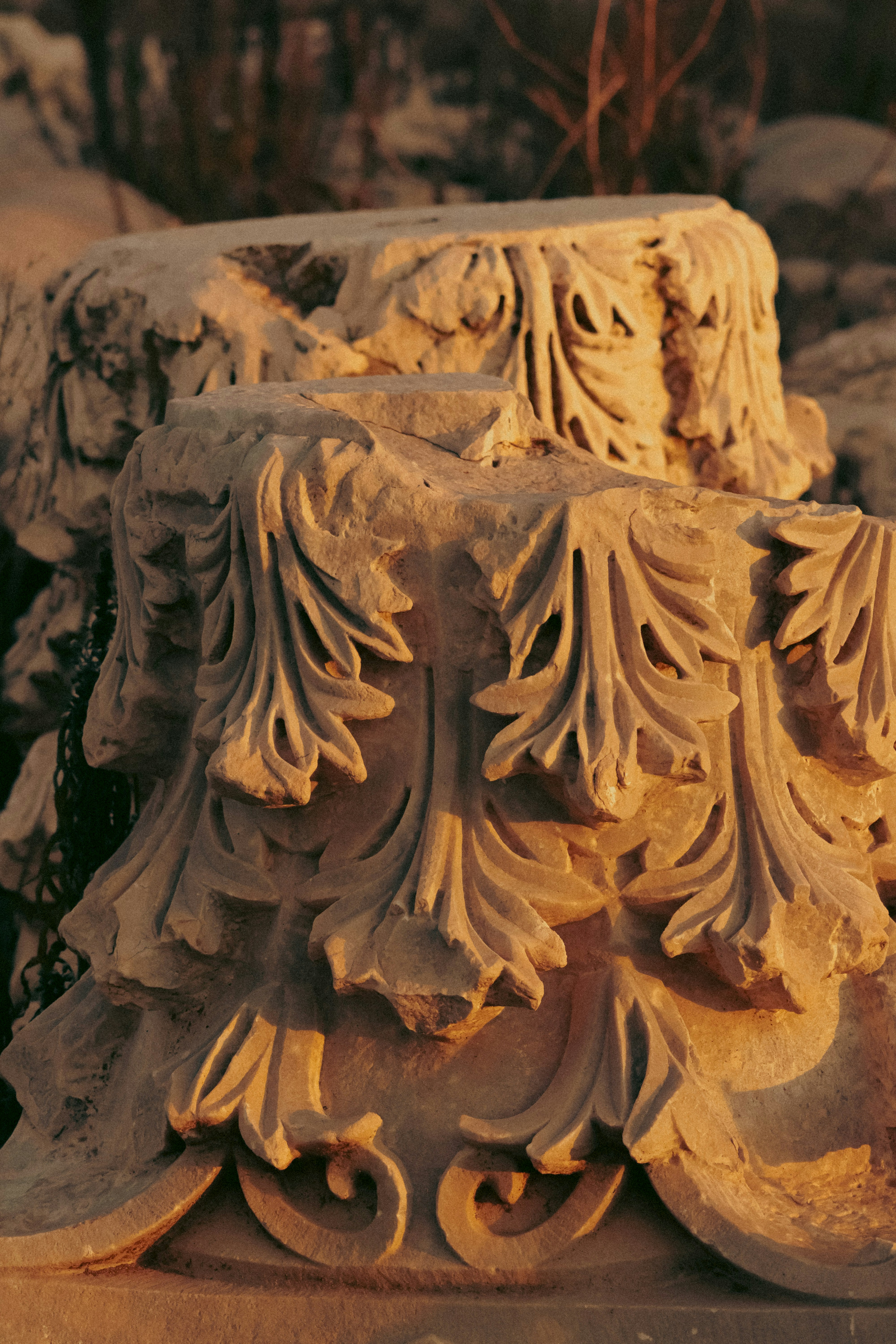 Ancient carved stone ruins with ornate details
