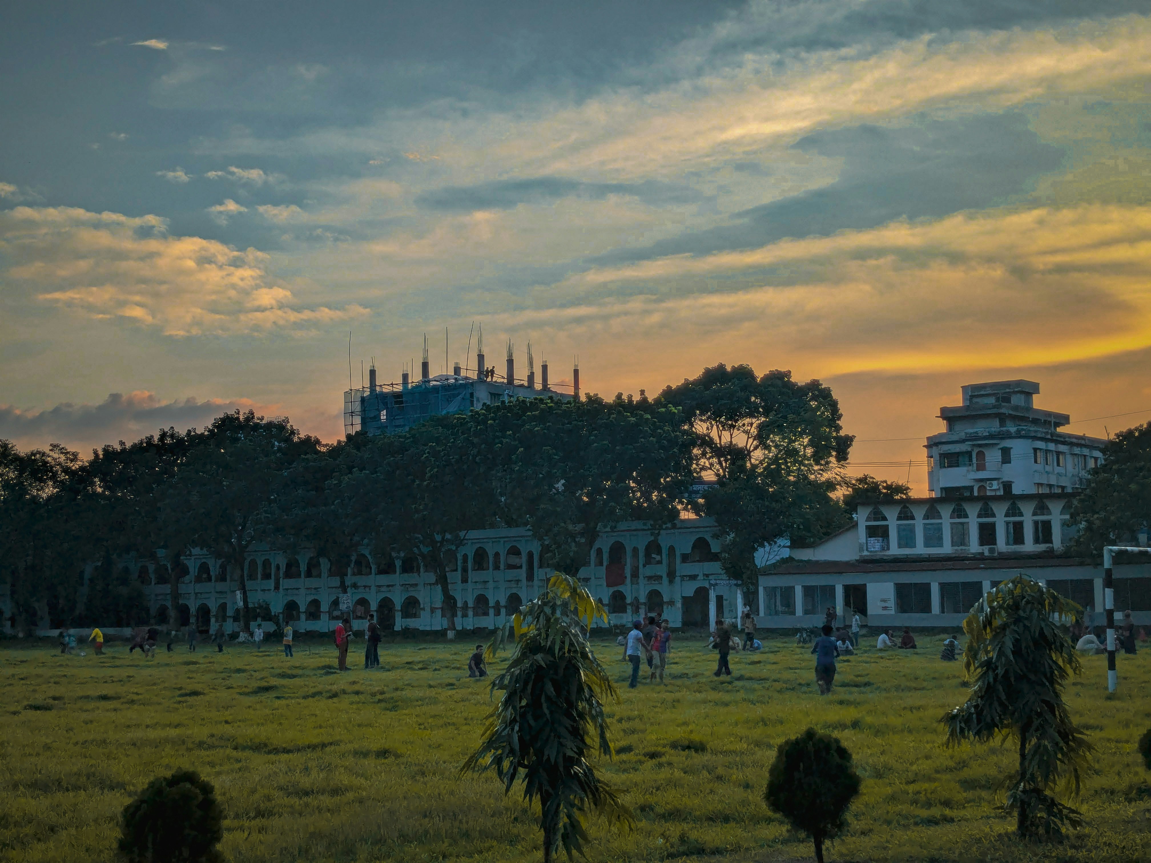 People playing on a field at sunset with buildings
