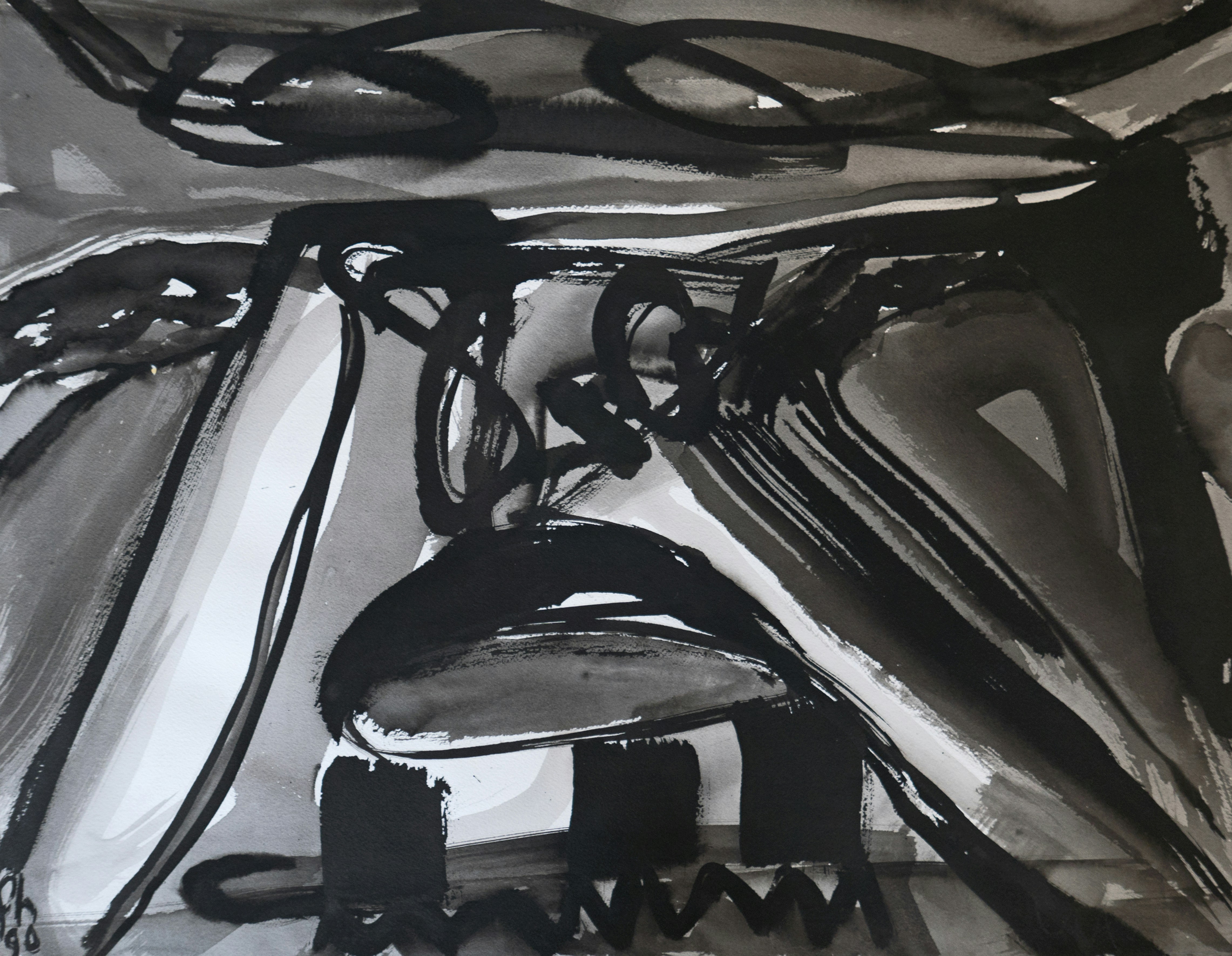 Ink drawing on paper in black, grey and white - an abstract landscape made after my sketch I made in the harbor area of Rotterdam 'Europoort' in The Netherlands. Made with brushes by artist Fons Heijnsbroek in 1990. Free download art image in high resolutions. | Abstract black and white ink painting with bold strokes