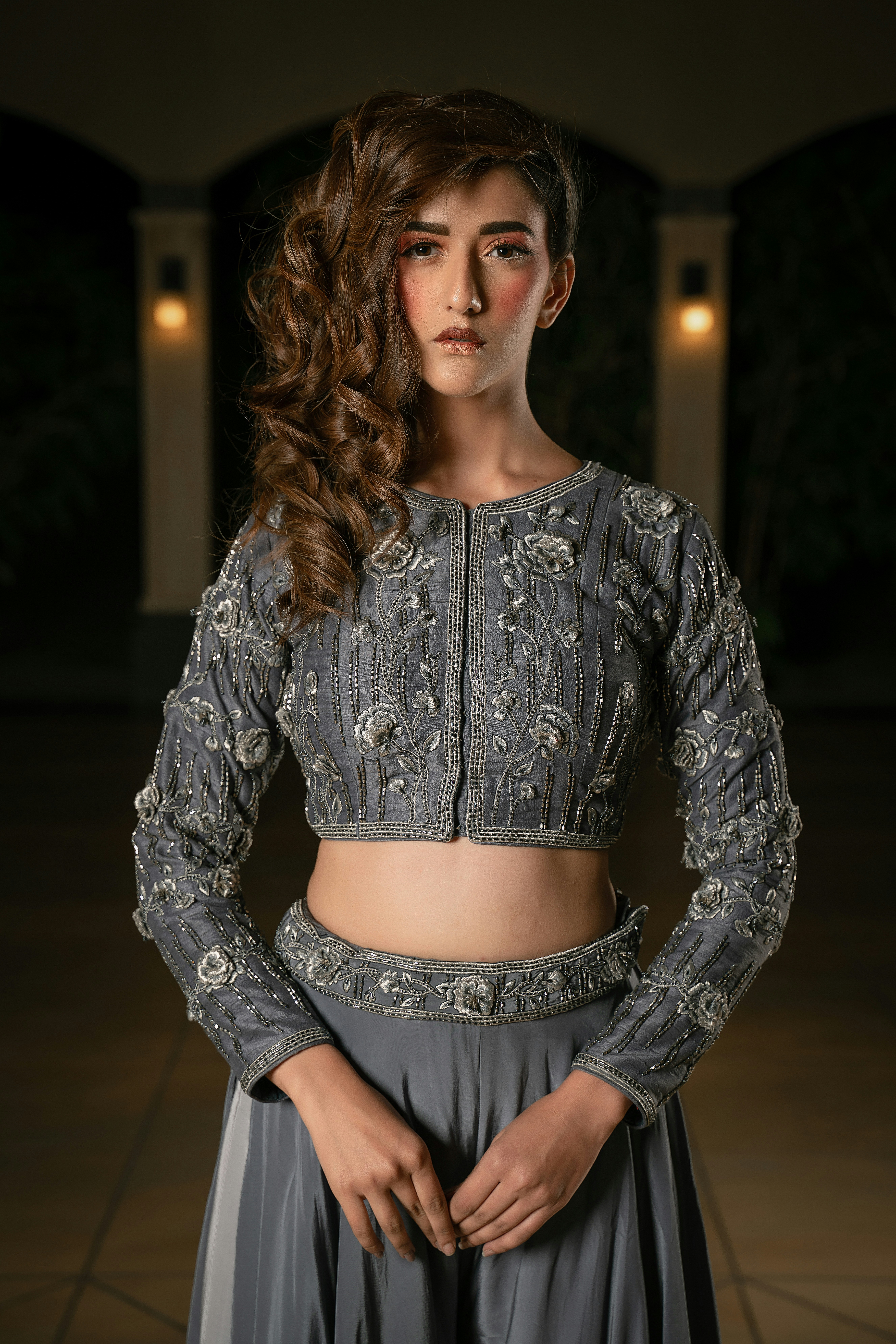 Midnight Embroidery: A Poised Portrait in Silver-Gray Silk