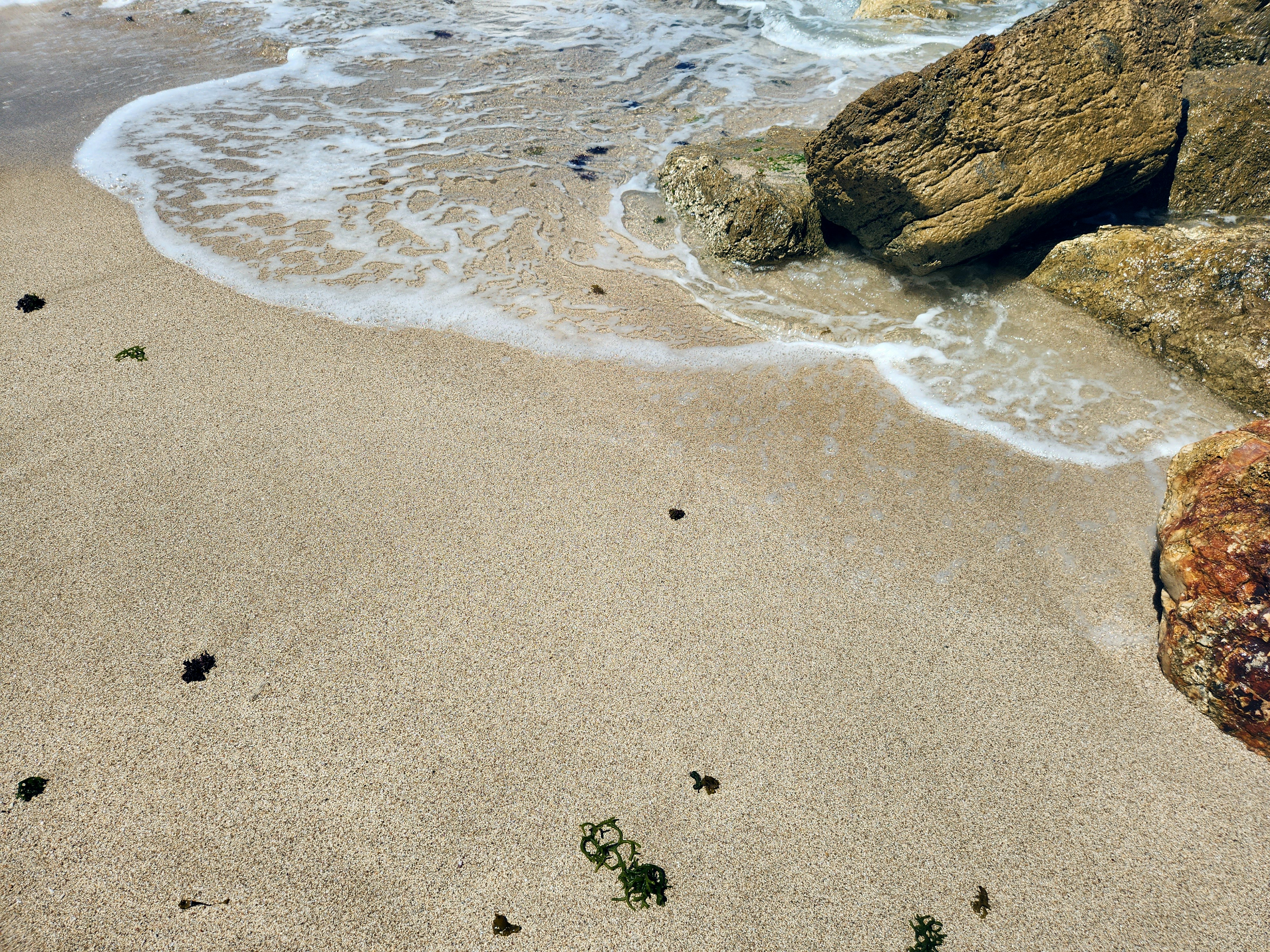 Sandy beach with waves and rocks | Waves gently wash over sandy beach with rocks.
