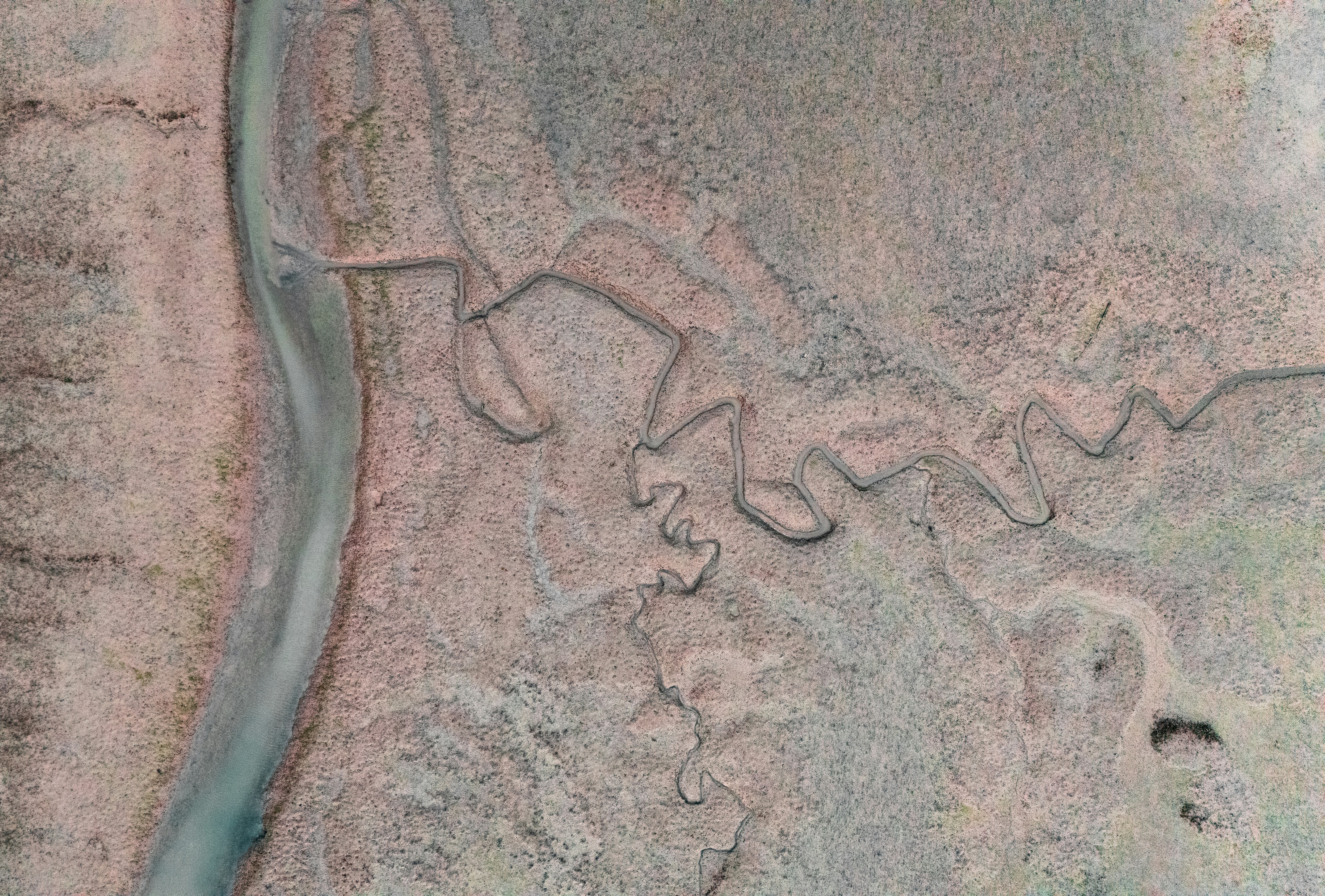 Intricate river patterns meander through a textured landscape, showcasing the delicate interplay of water and earth. Aerial view captures the essence of natural artistry.