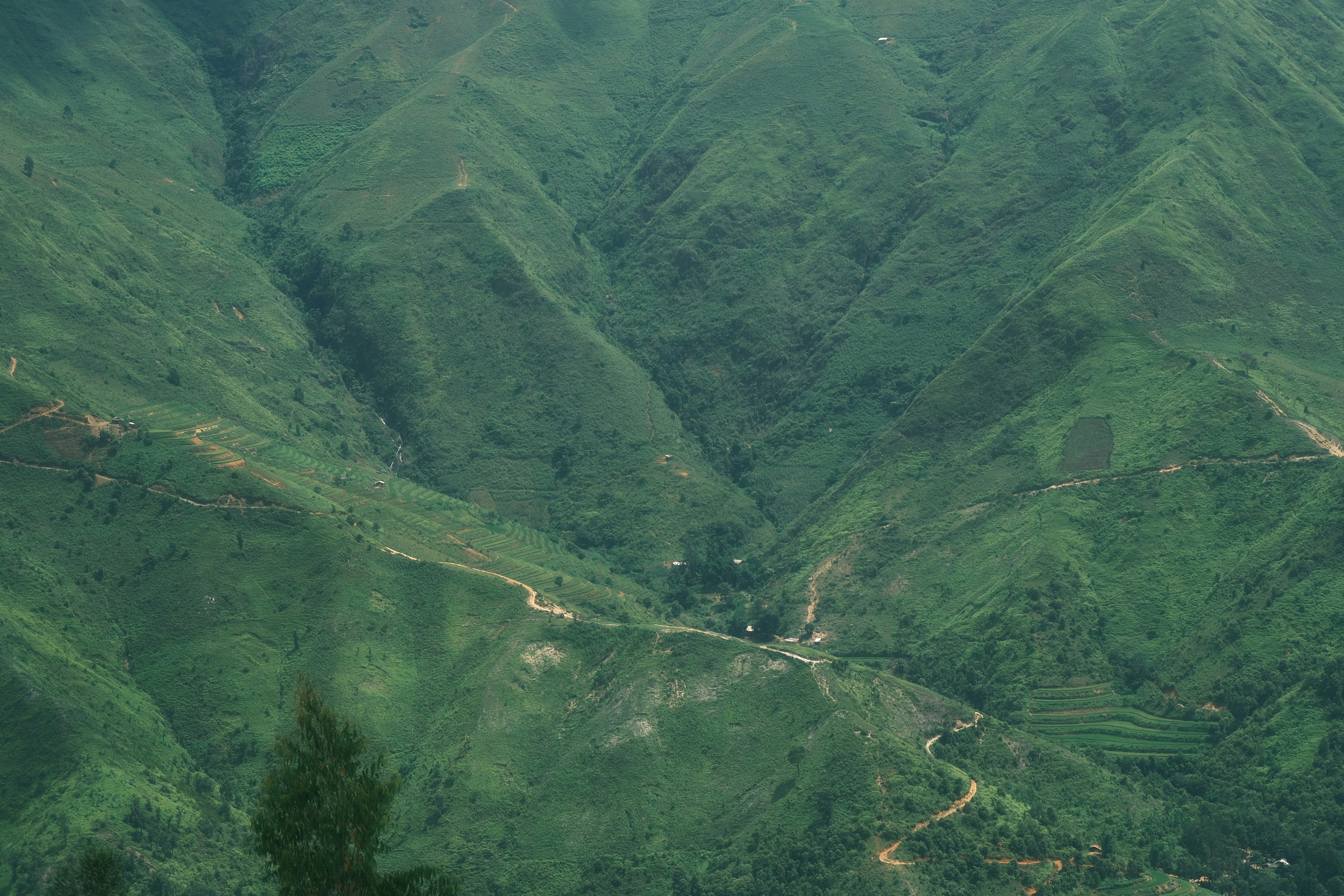 Lush green mountains with winding roads and valleys