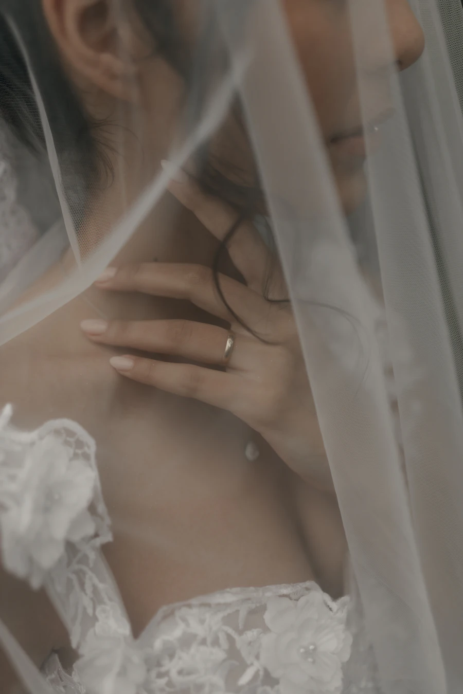 Close-up bridal portrait behind a soft sheer veil, with a hand resting near the neck and lace details visible at the shoulder and bodice.