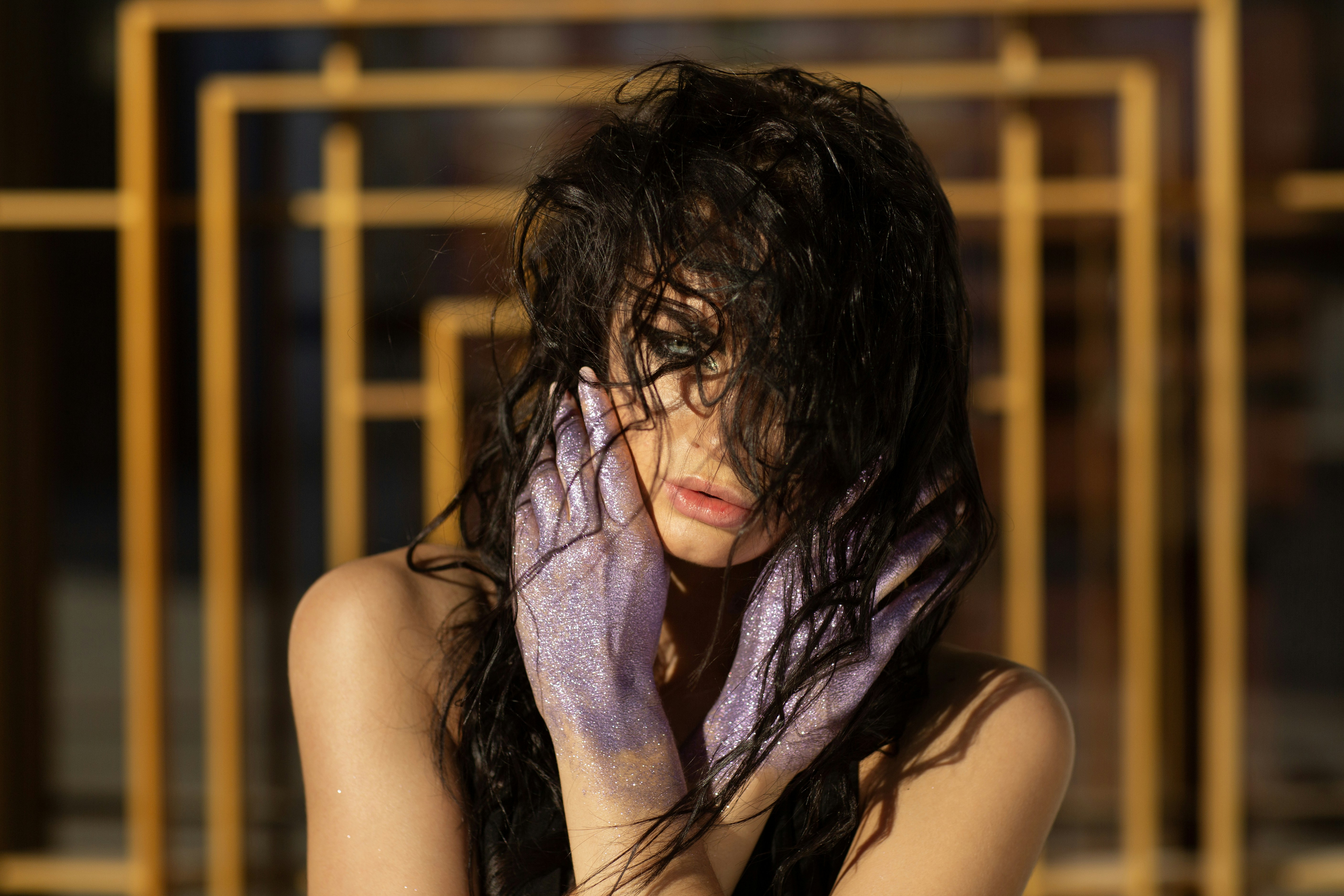 Lavender Gloves in a Golden Lattice: A Portrait Study