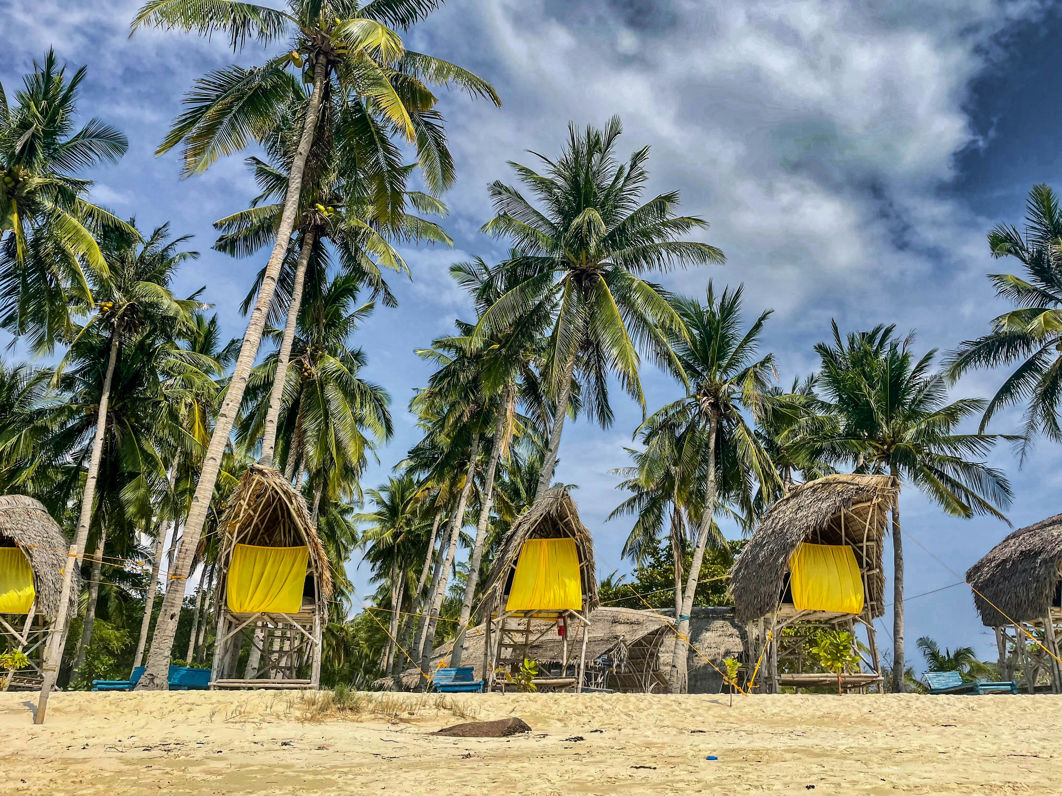 Tropical beach huts with palm trees and yellow curtains.