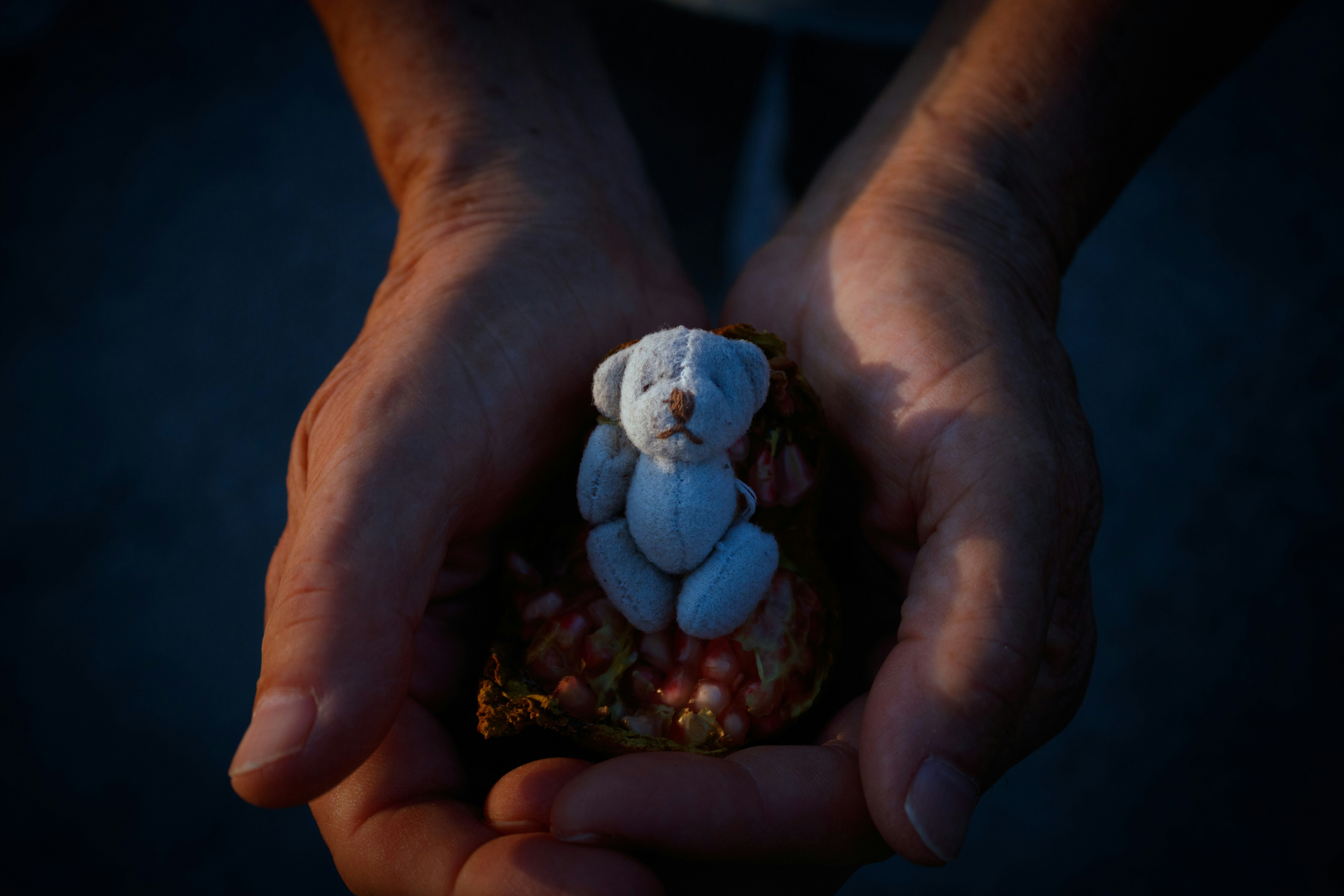 Tiny blue bear, warm hands, and a soft treasure