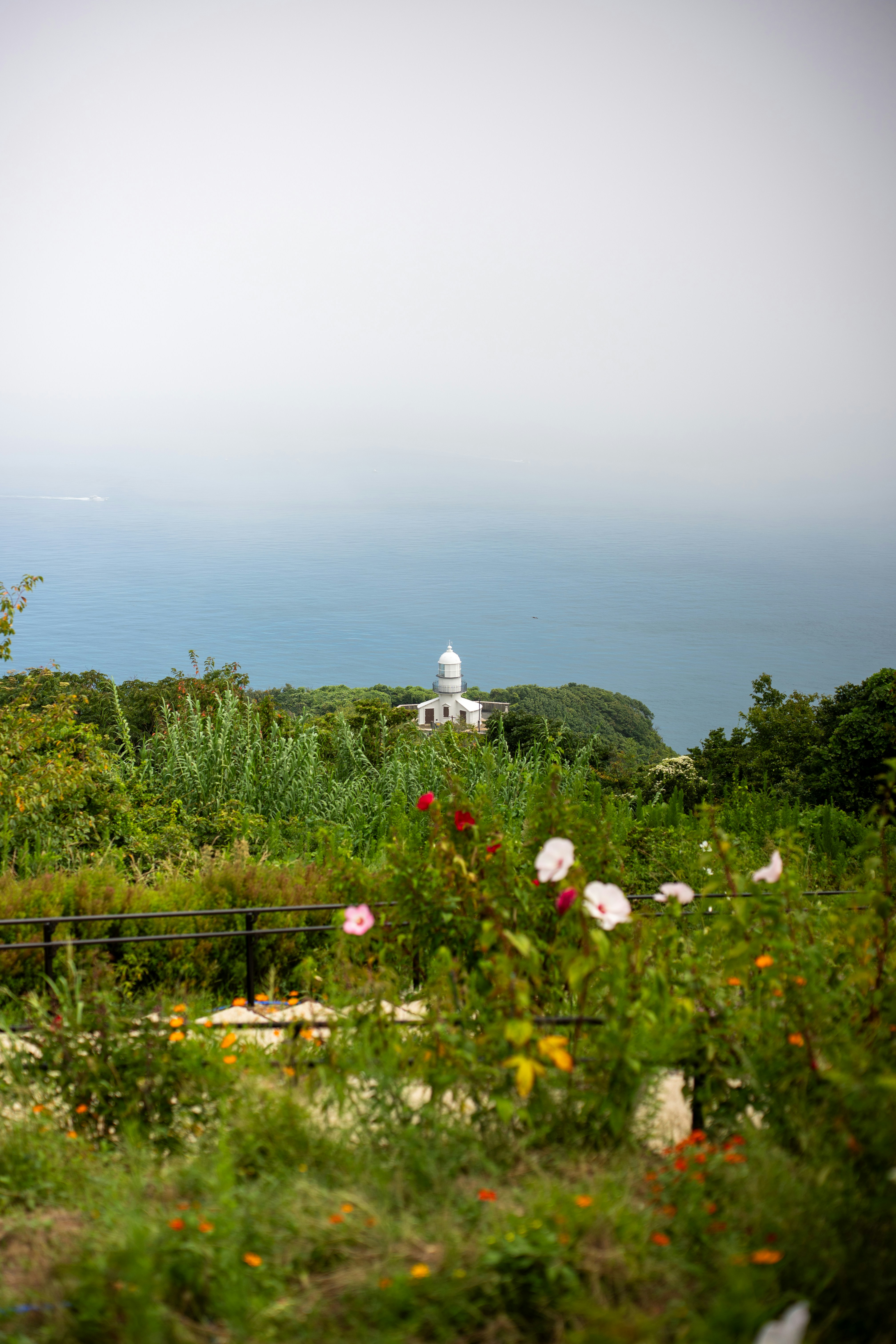 A lighthouse stands gracefully amidst lush greenery, overlooking a tranquil sea under a misty sky.