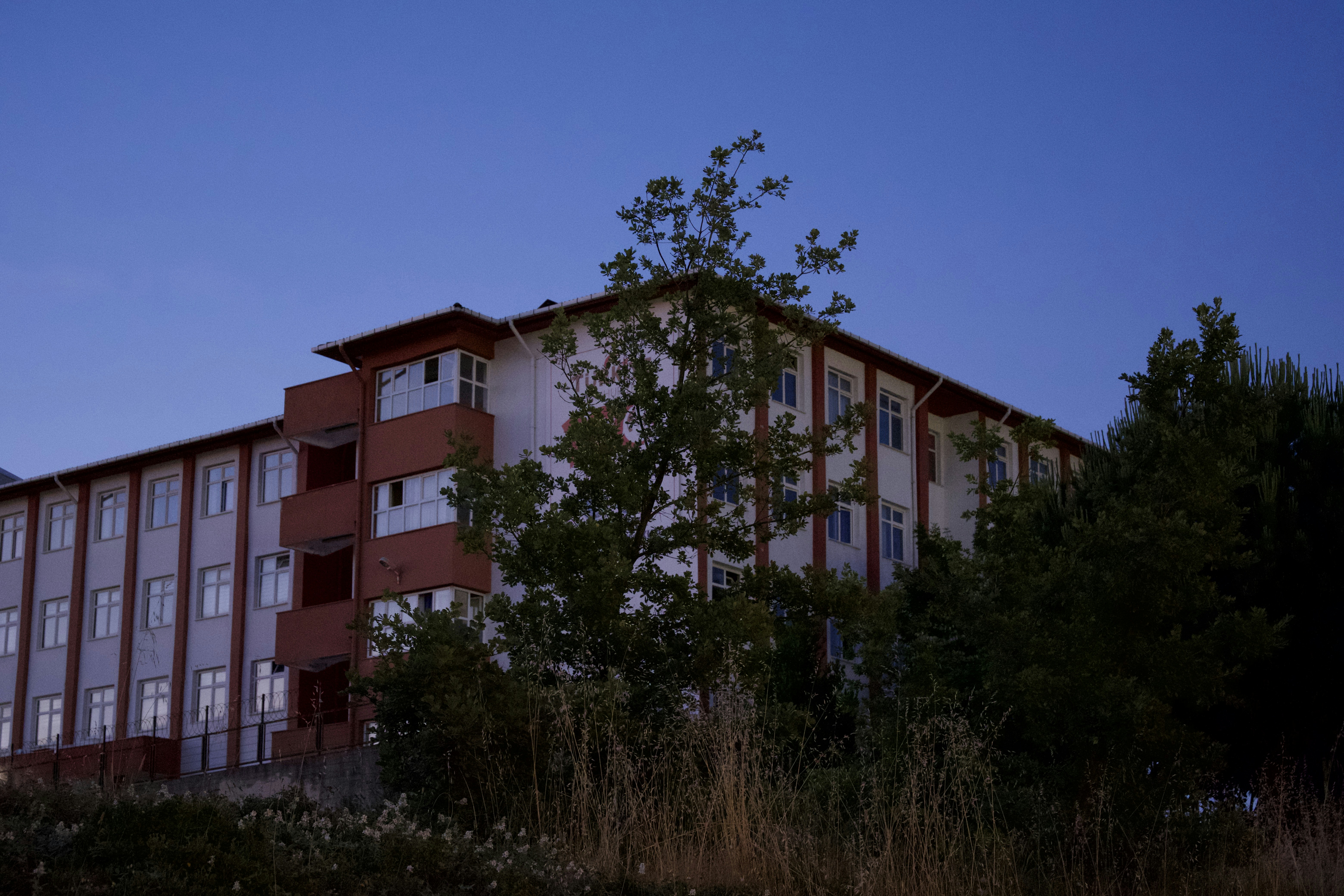 A multi-story building partially obscured by foliage, captured during twilight hours. The soft blue hues of dusk create a serene atmosphere.