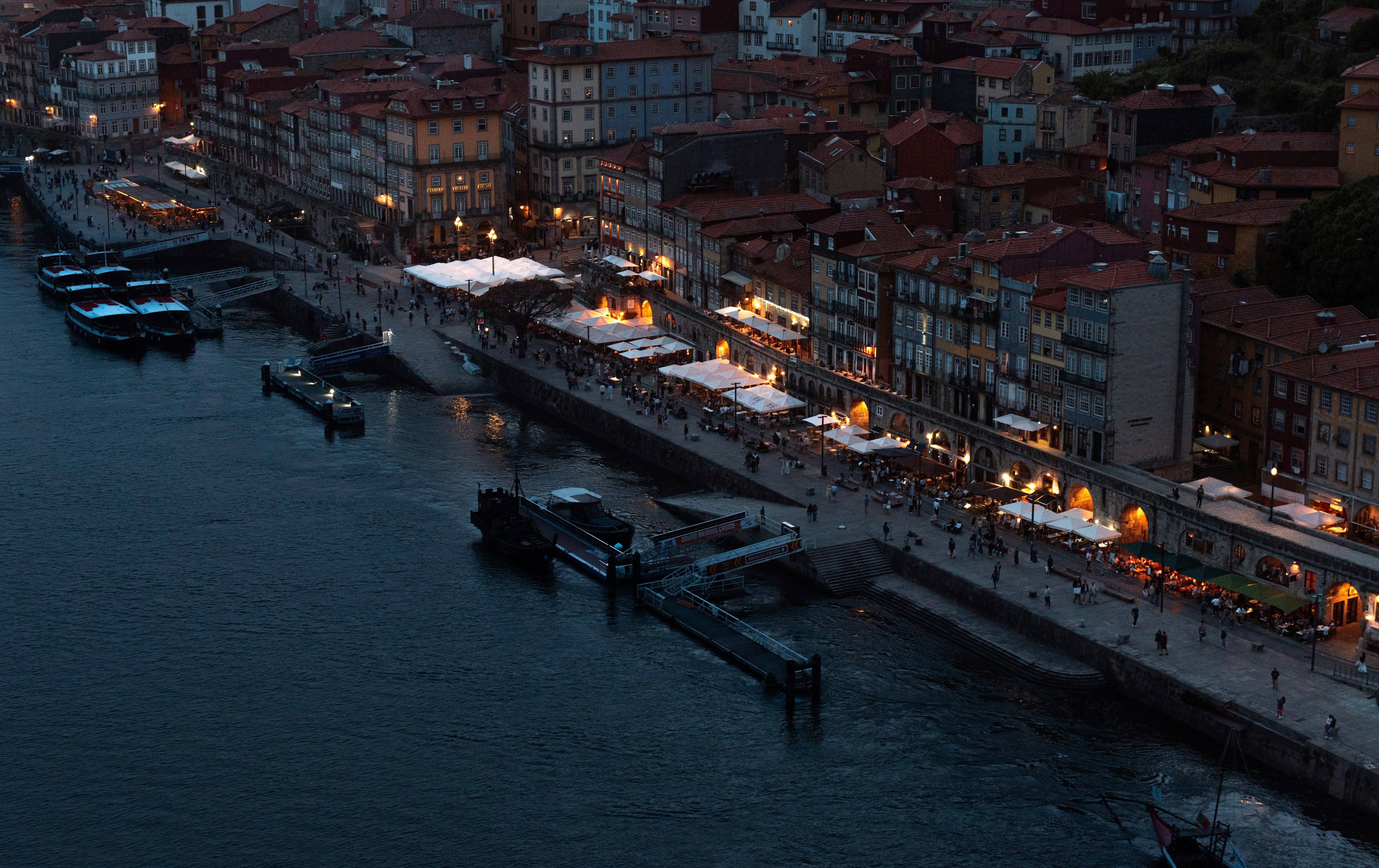 City waterfront with illuminated buildings and boats at night