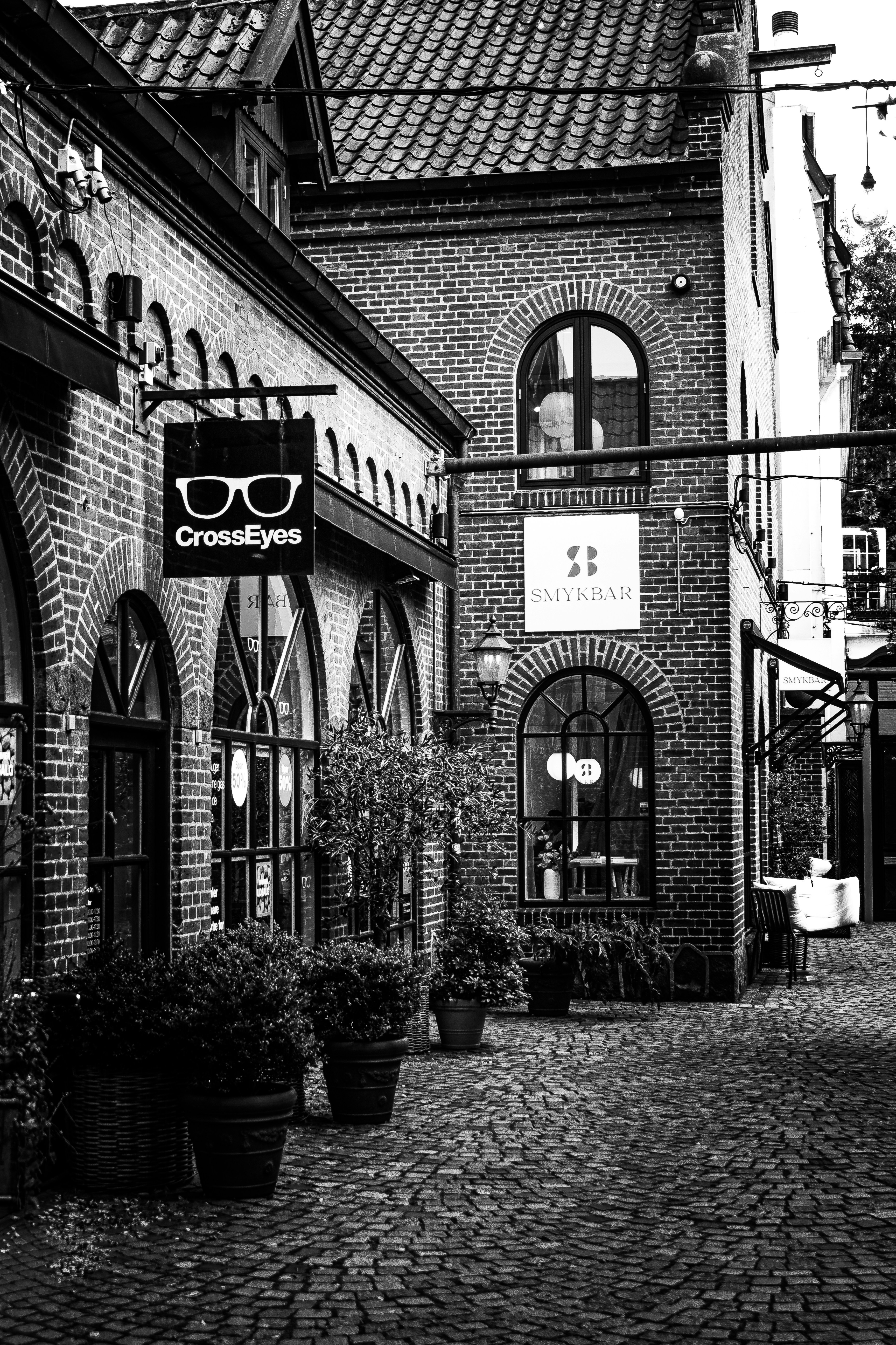 Charming Cobblestone Alley | Brick buildings with arched windows and potted plants.