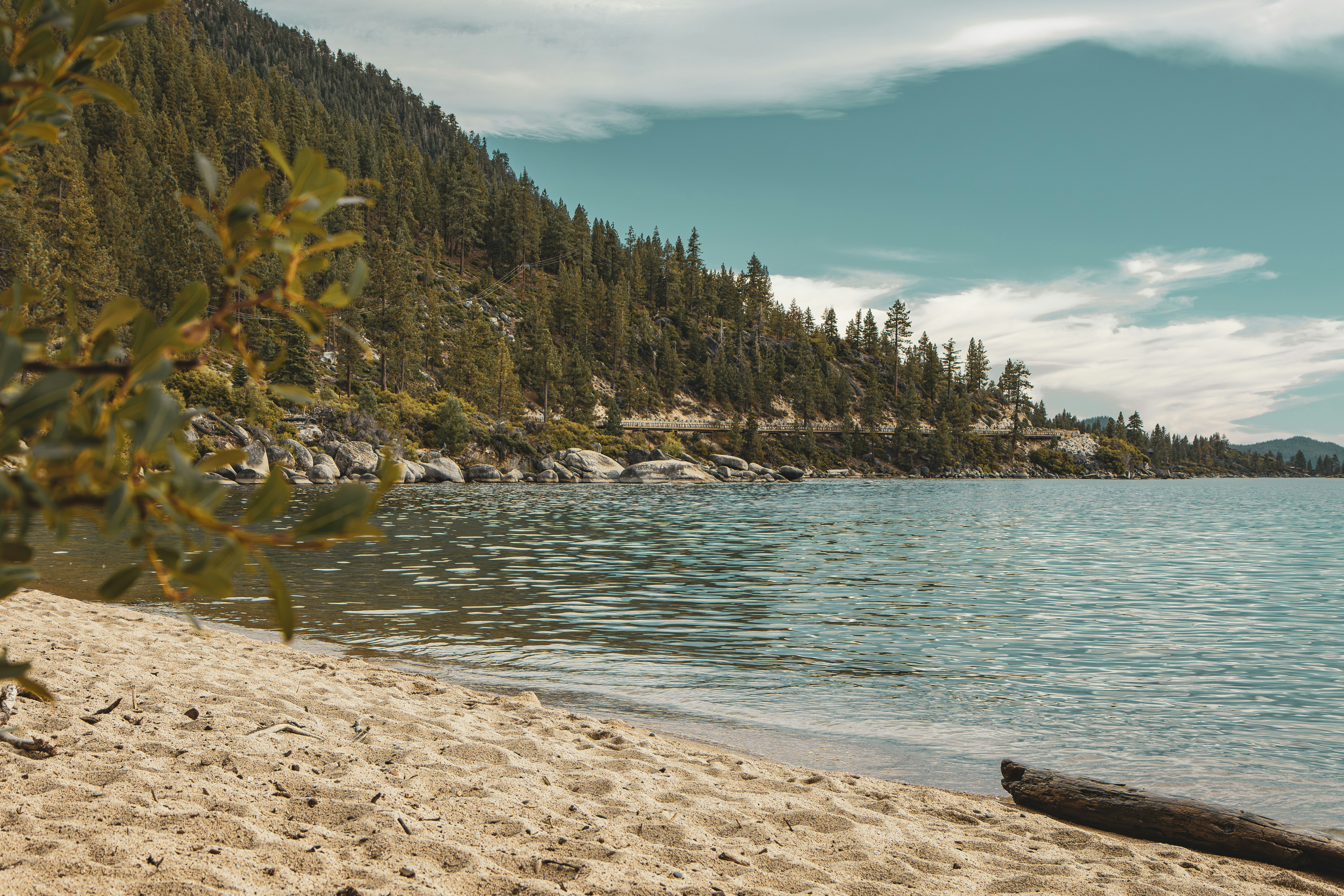 Tranquil lakeside scene featuring a sandy beach framed by lush green trees and calm waters reflecting the sky.