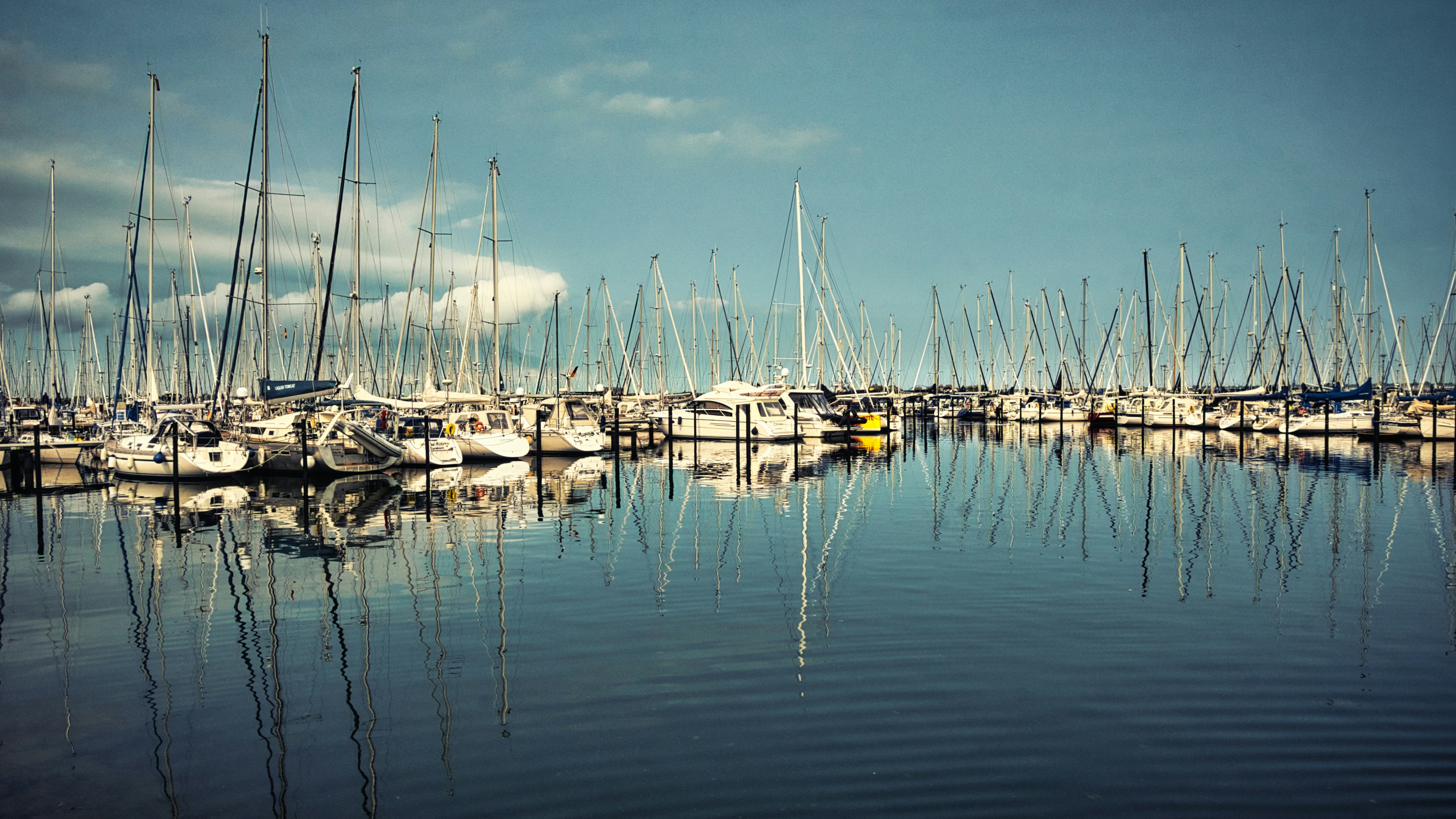 Many sailboats docked in a calm harbor with reflections.