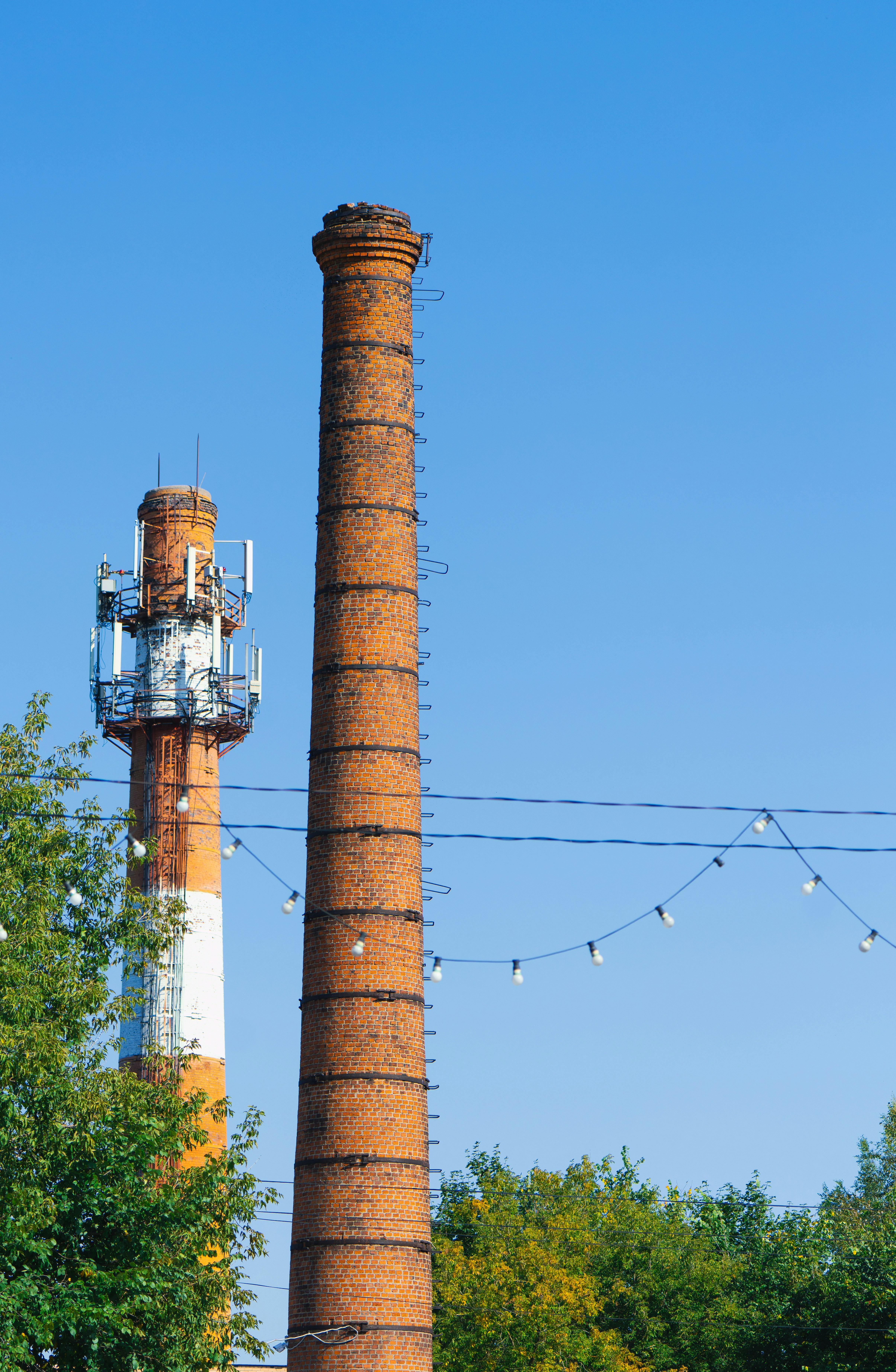 Two towering smokestacks stand amidst vibrant greenery, symbolizing the intersection of nature and industrial heritage.