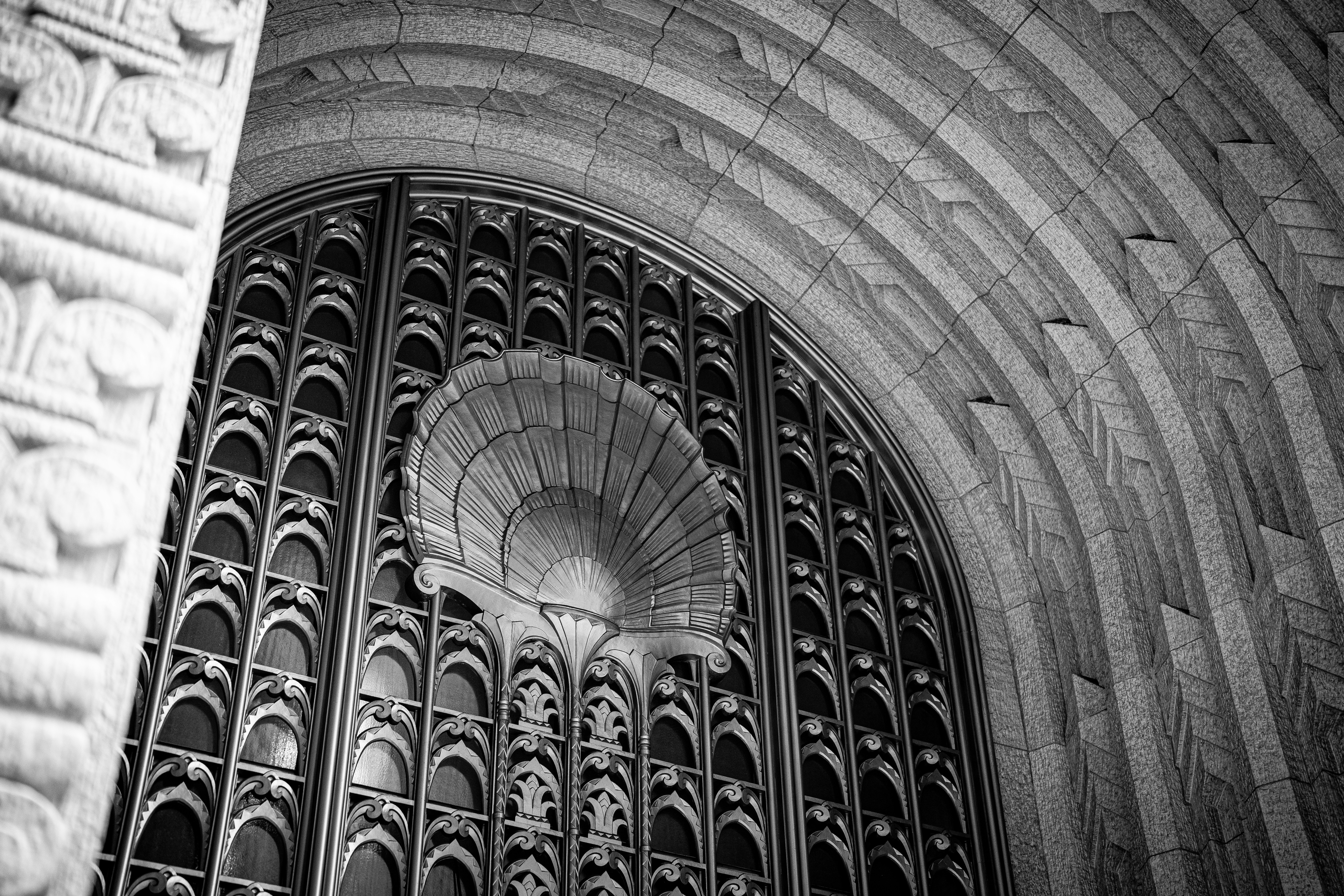 Ornate art deco building entrance with arched doorway