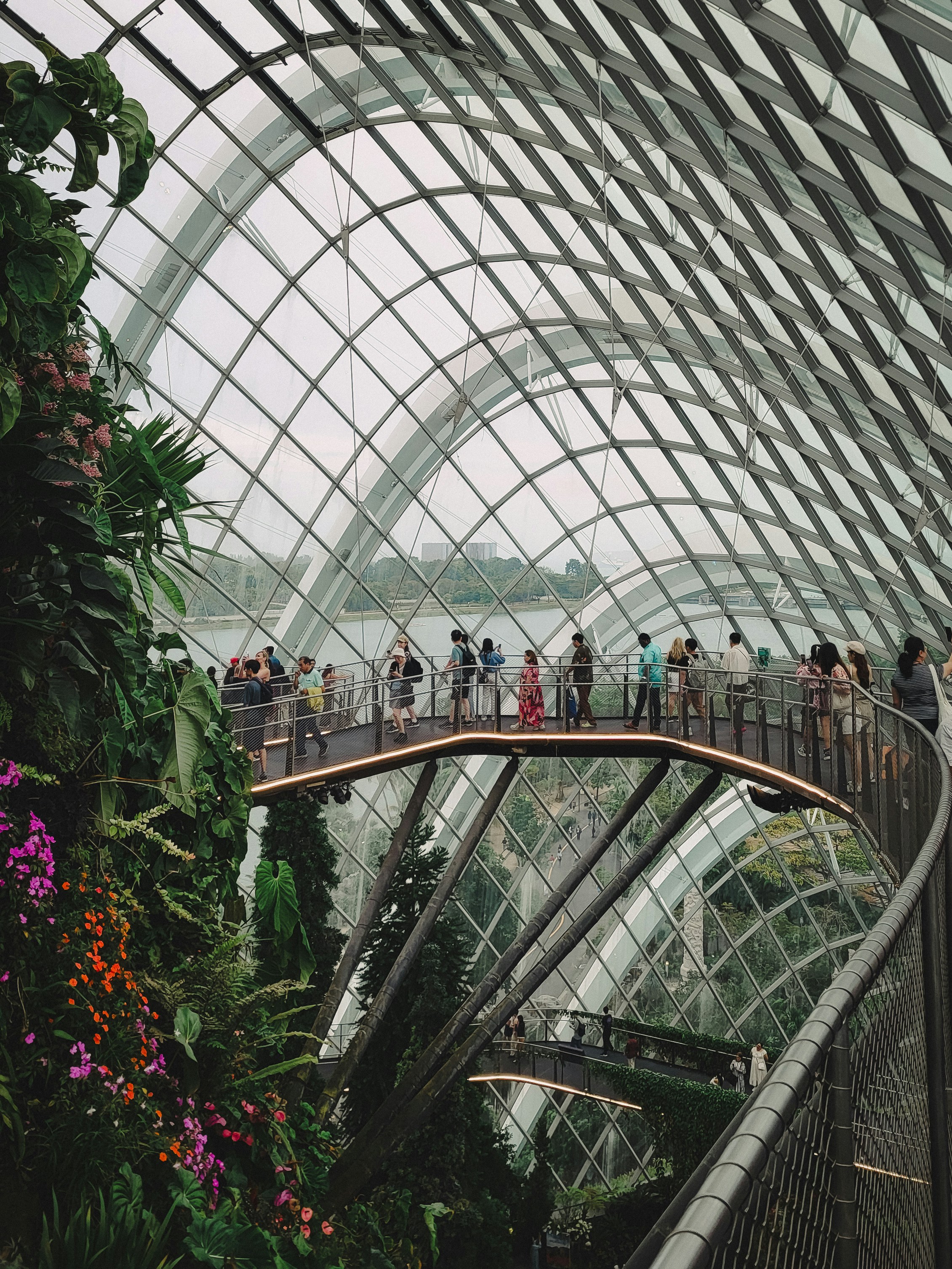 Glass Cathedral Overlook: People Traversing a Curved Skyframe