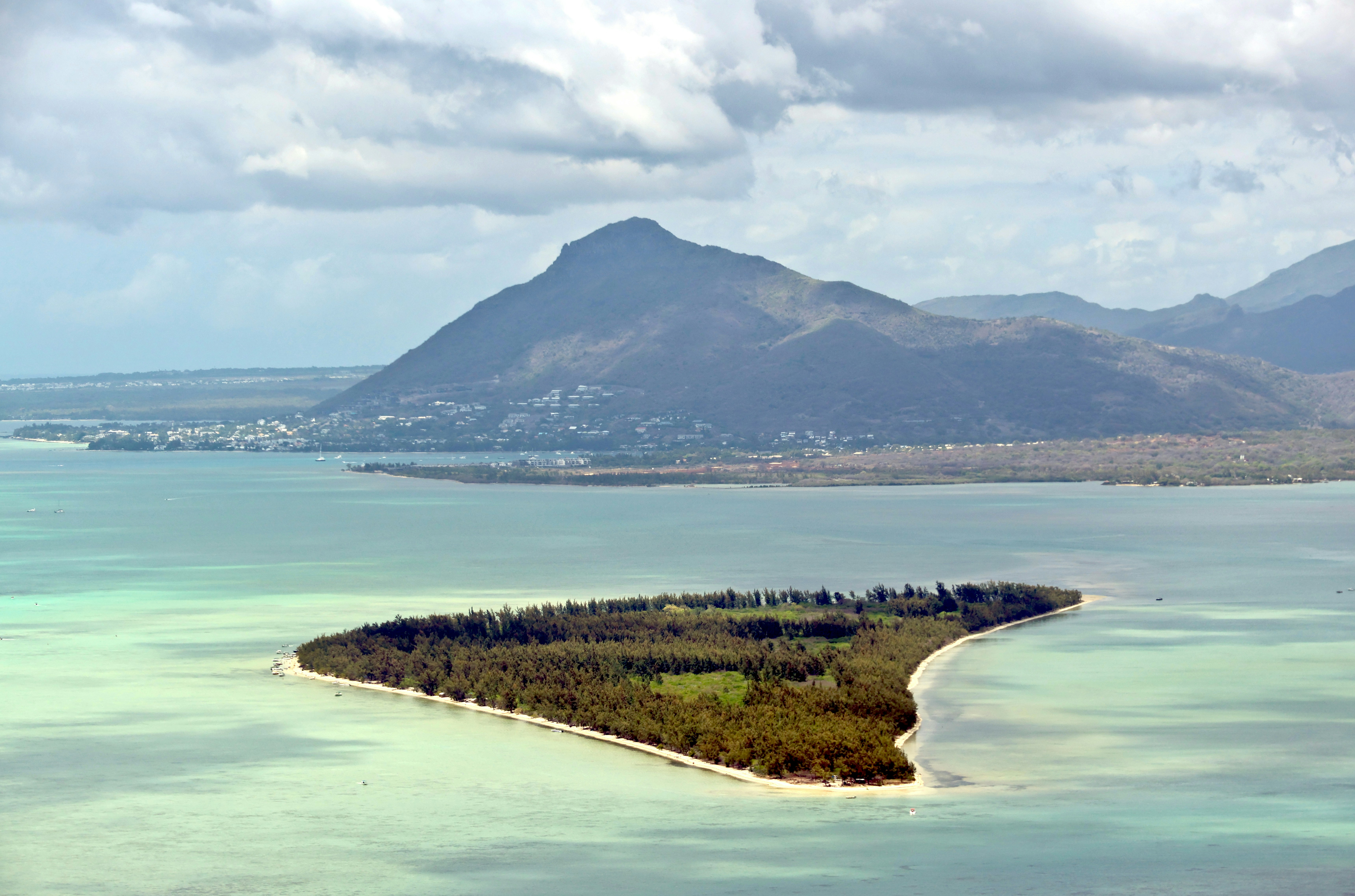 Triangular island with trees and a mountain background.