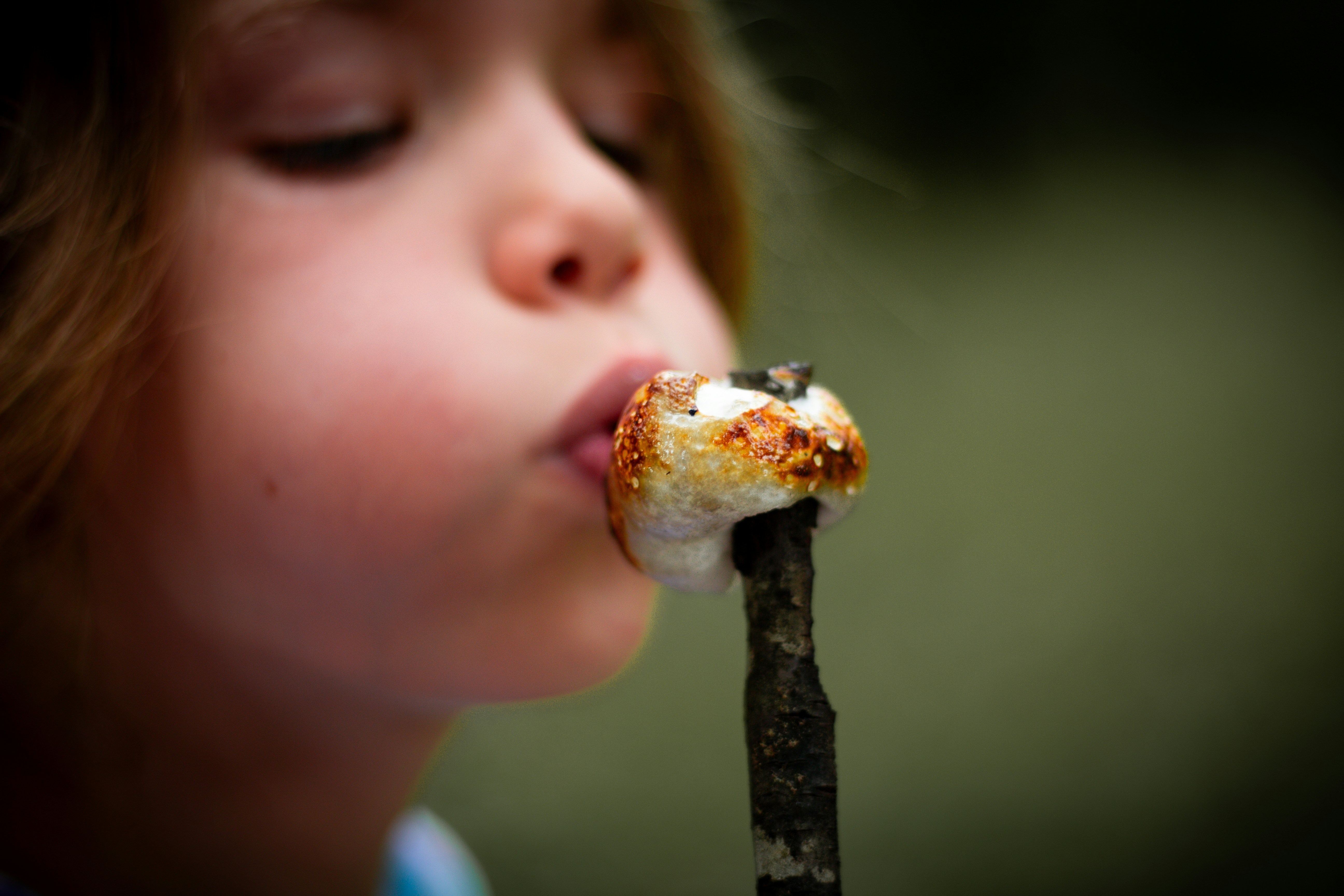 Child preparing to enjoy a perfectly toasted marshmallow on a stick, with soft focus background enhancing the moment's warmth.