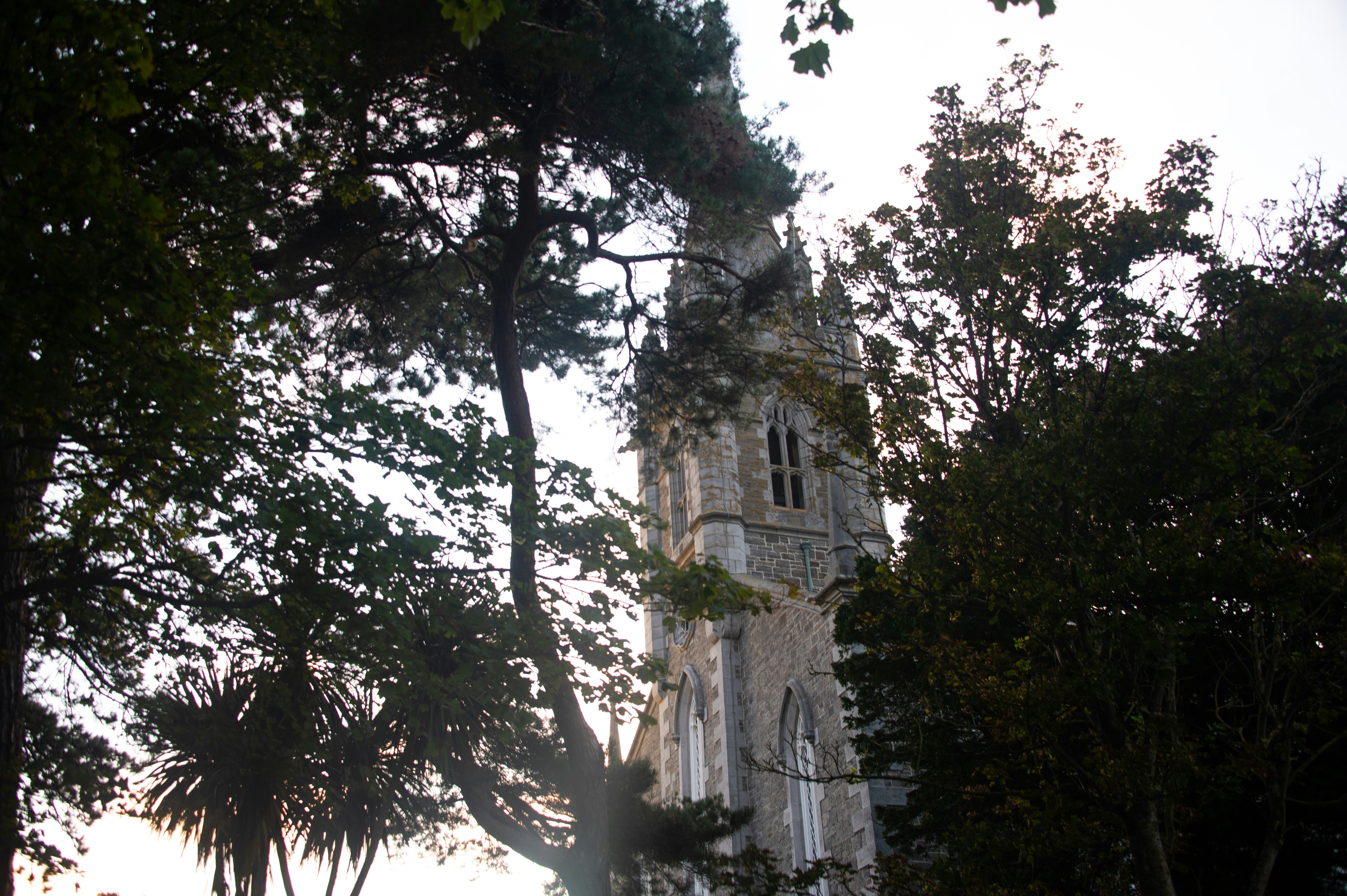 Stone church tower seen through trees at dusk
