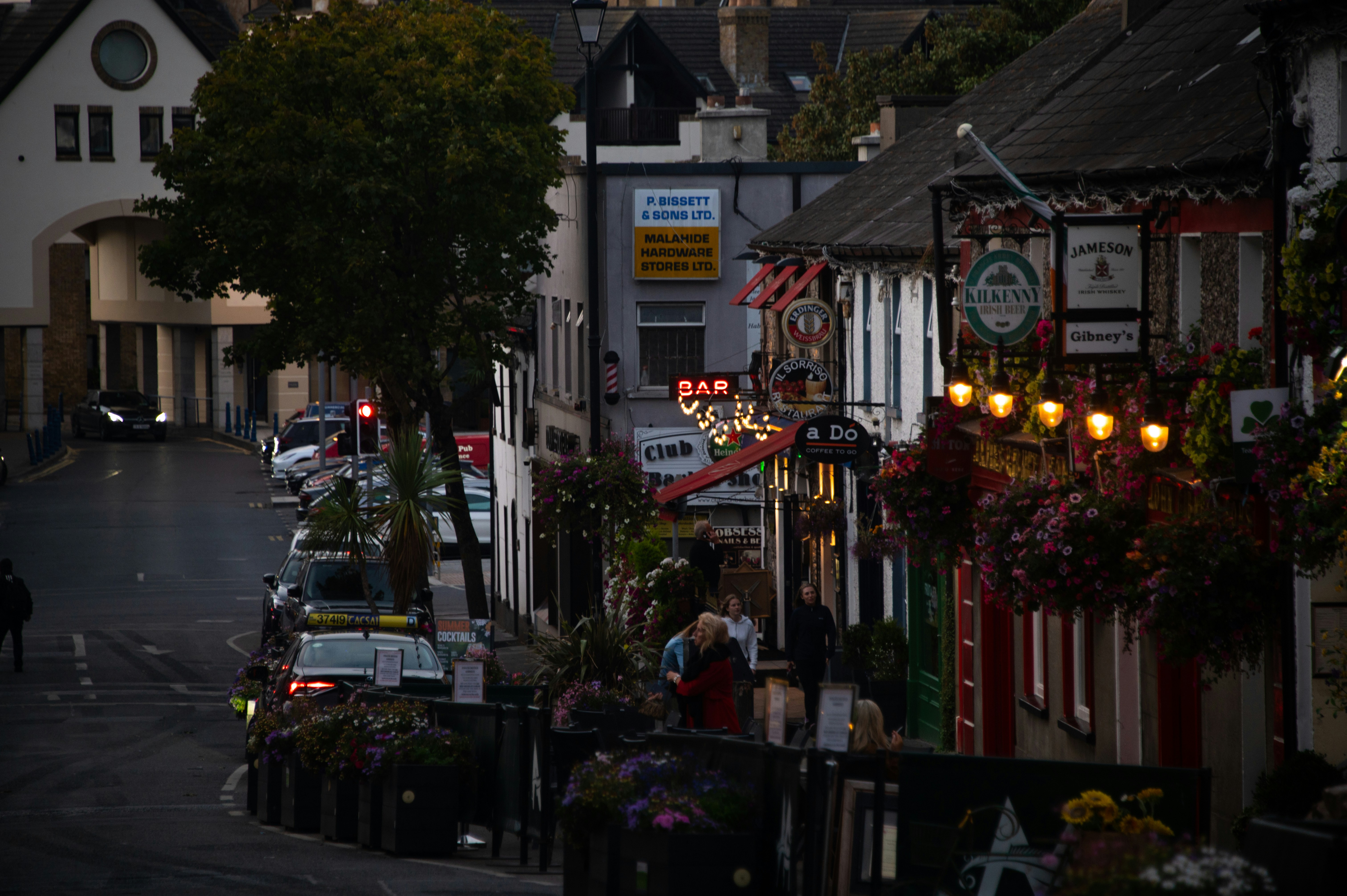A lively street scene in a quaint village, adorned with colorful flowers and illuminated signs, showcasing the local nightlife.