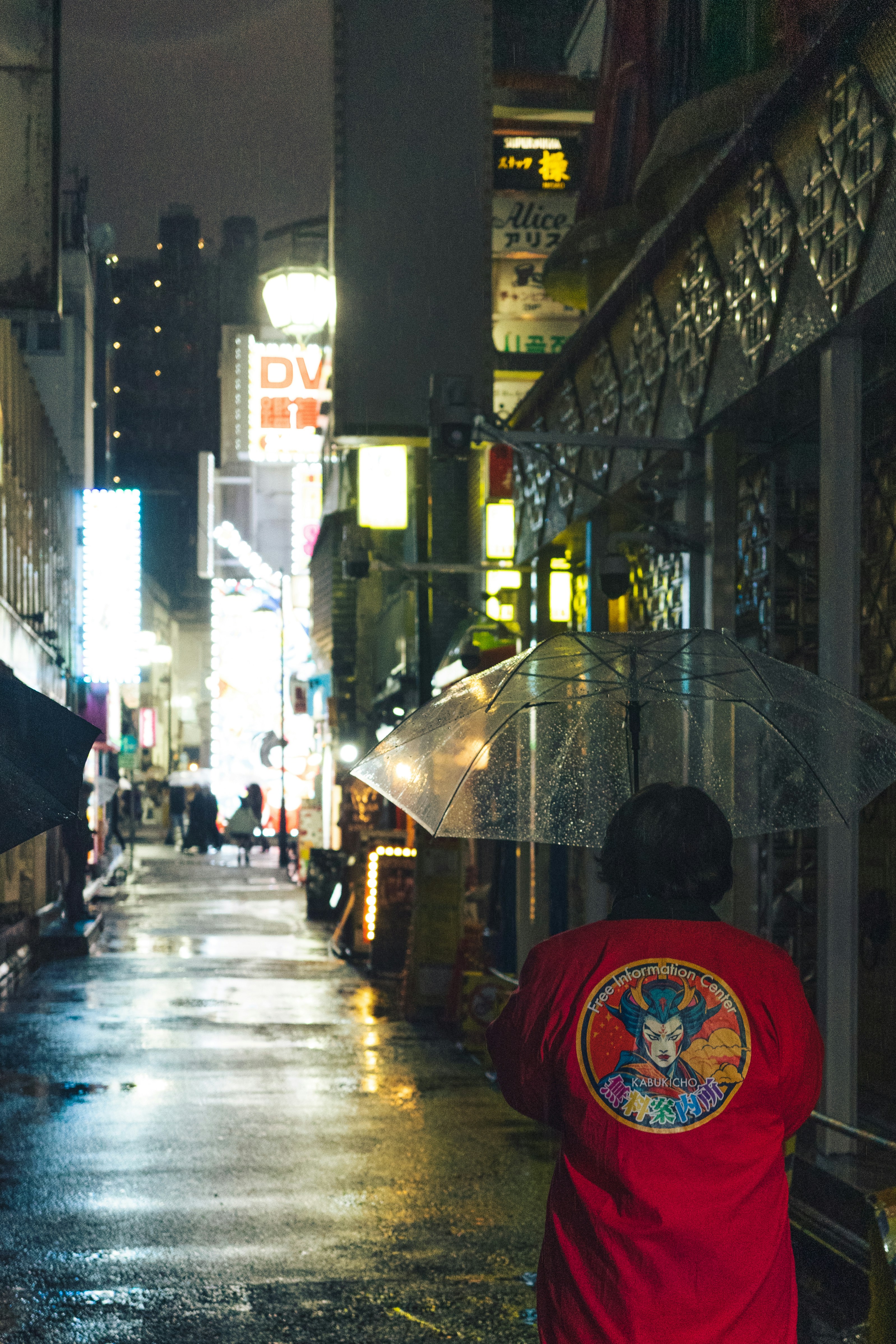 Neon Rain Portrait: Red Jacket Under a Clear Umbrella