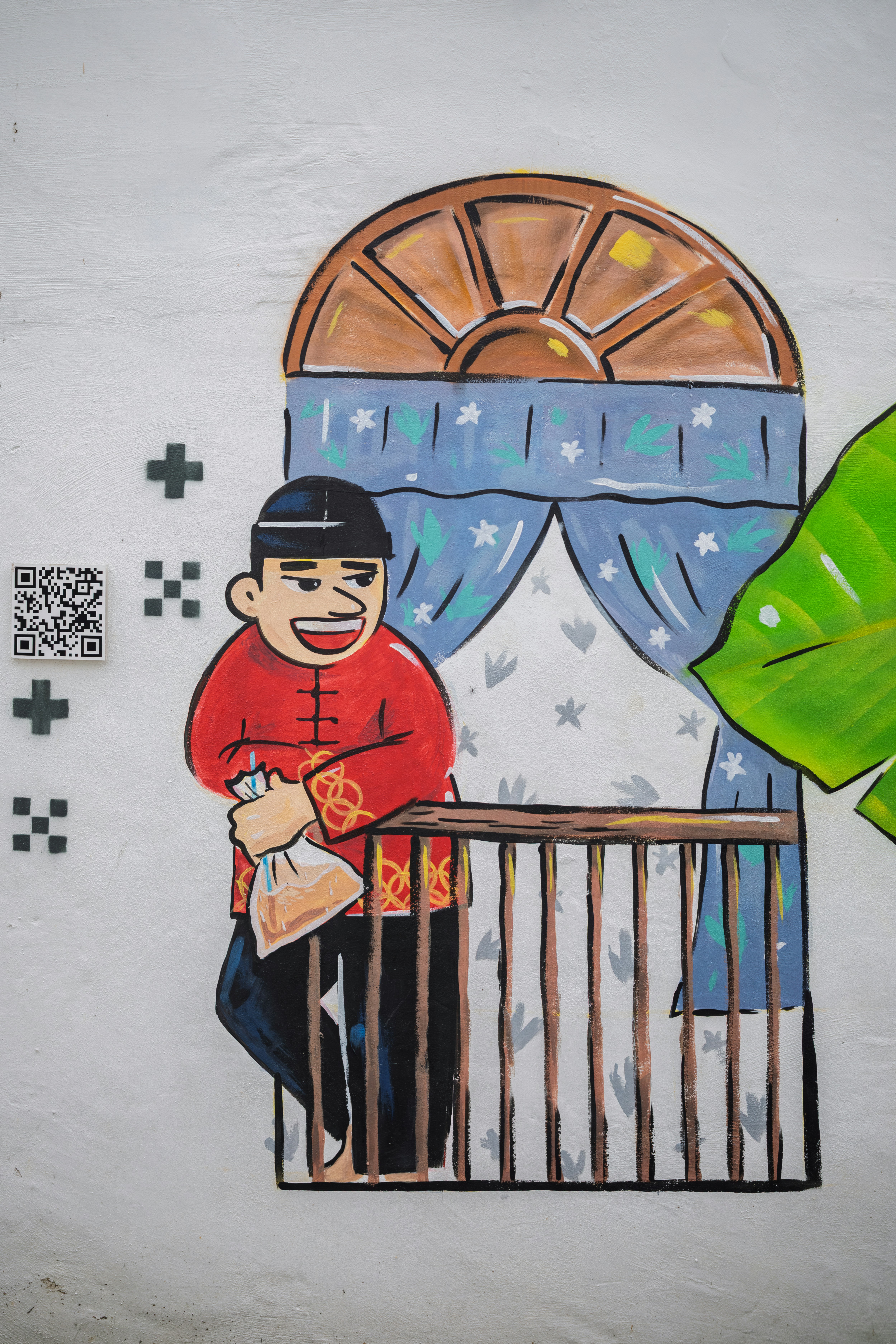 Joyous Red Garment and Balcony Graffiti