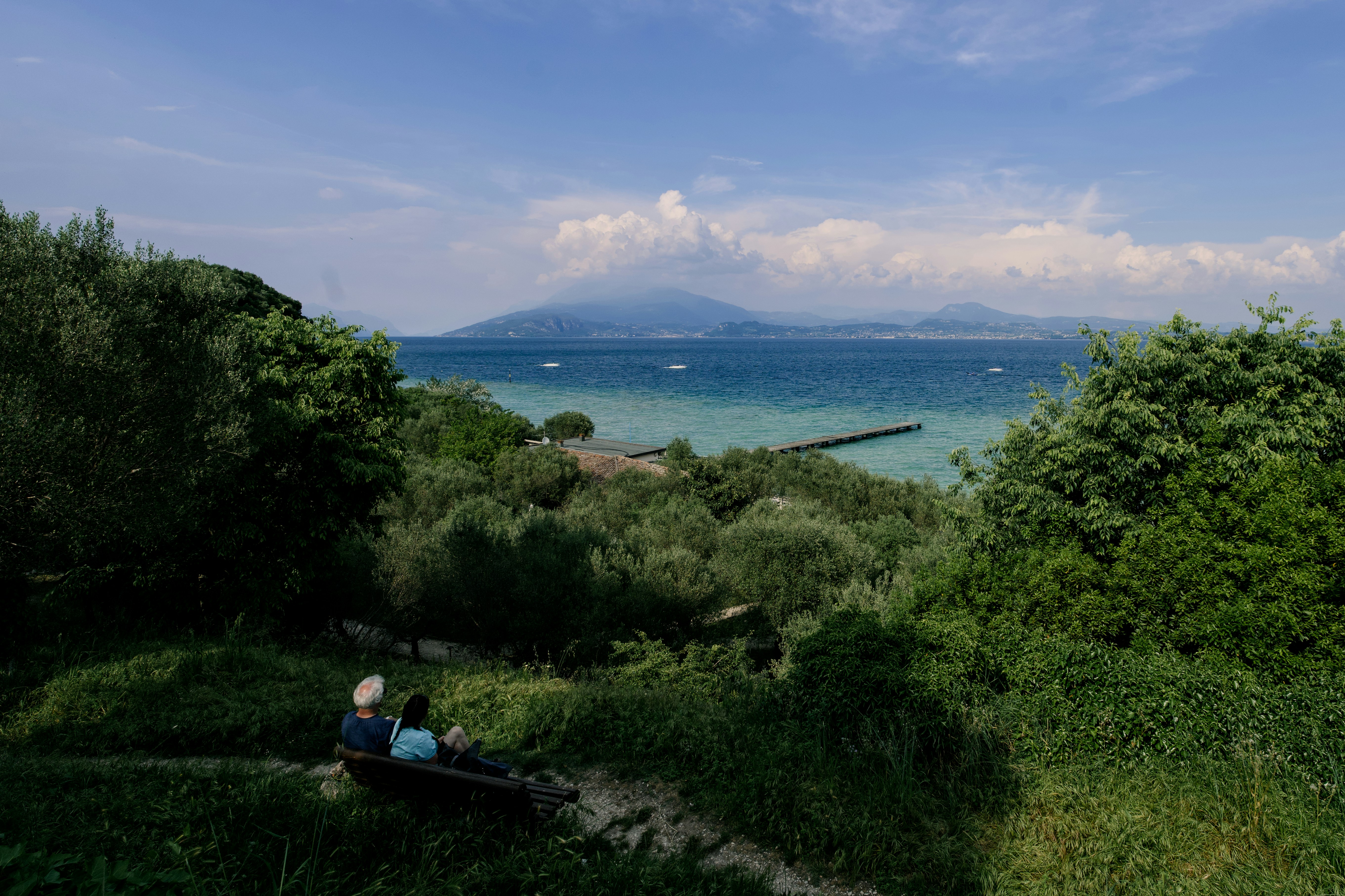 Couple seated on a bench overlooking a tranquil sea, framed by lush greenery and distant mountains. 