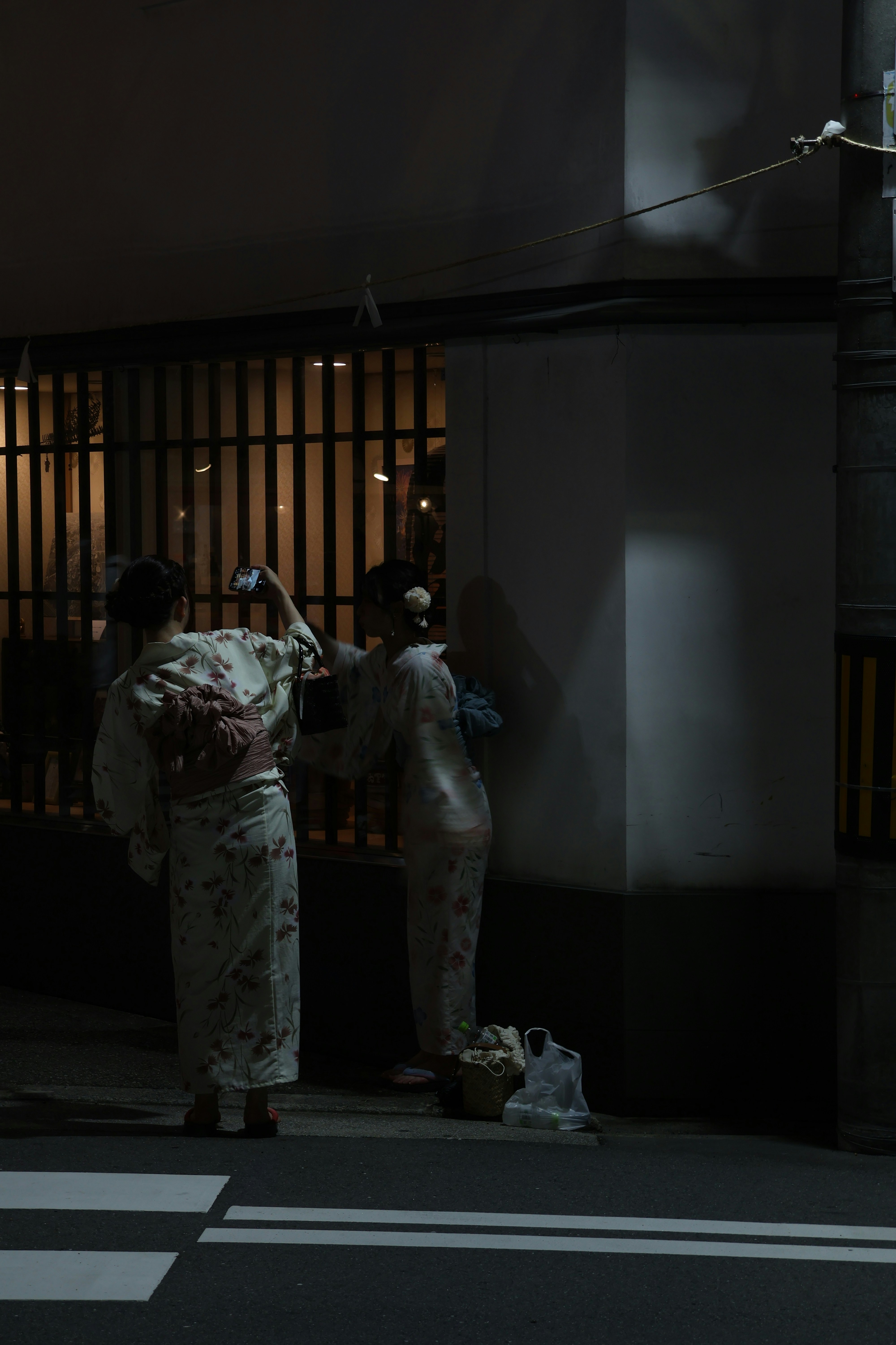 Two women in elegant kimonos interact outside a dimly lit shop, capturing a moment against a backdrop of shadows and light.