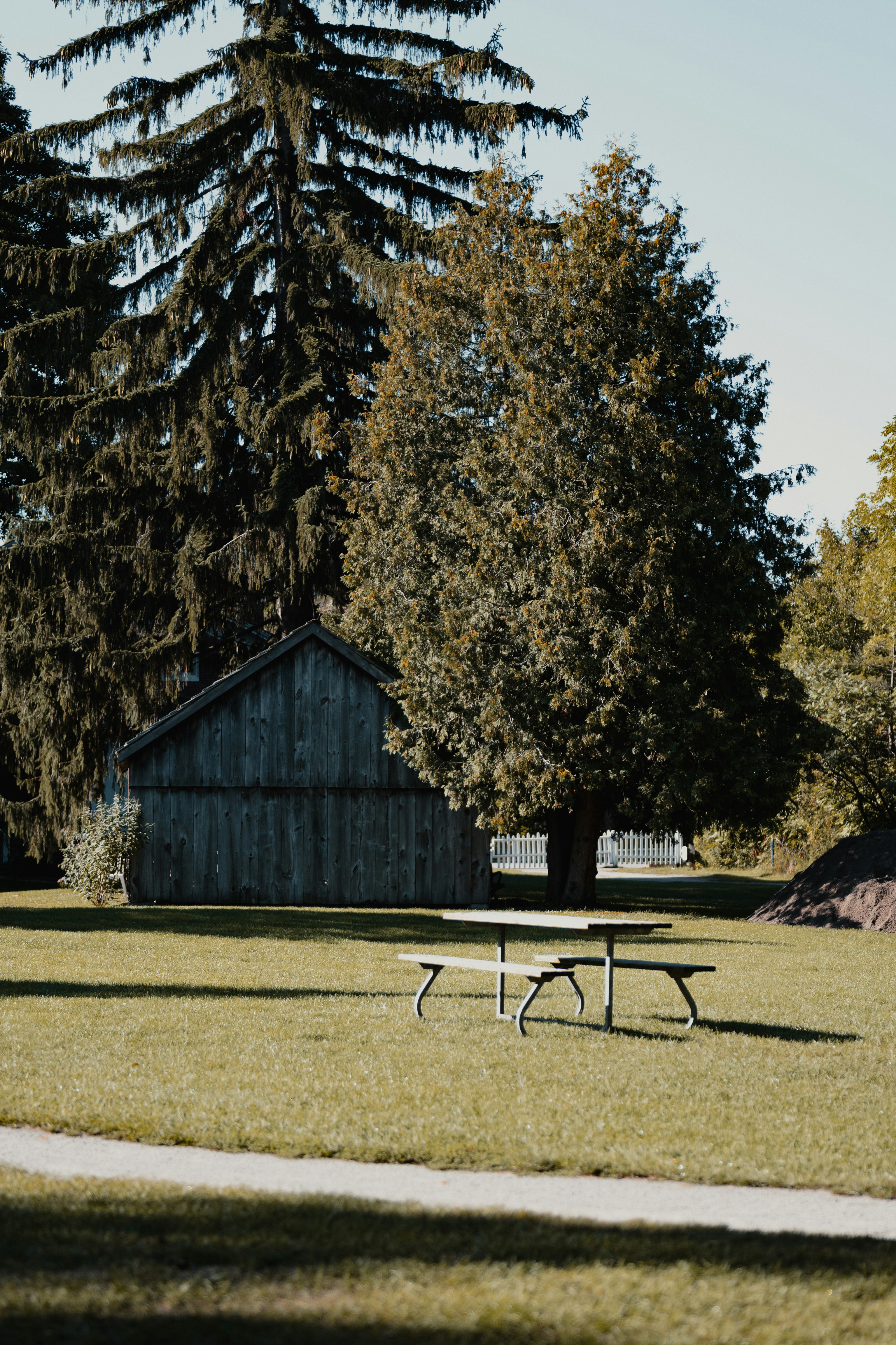 Wooden shed and picnic table in grassy park
