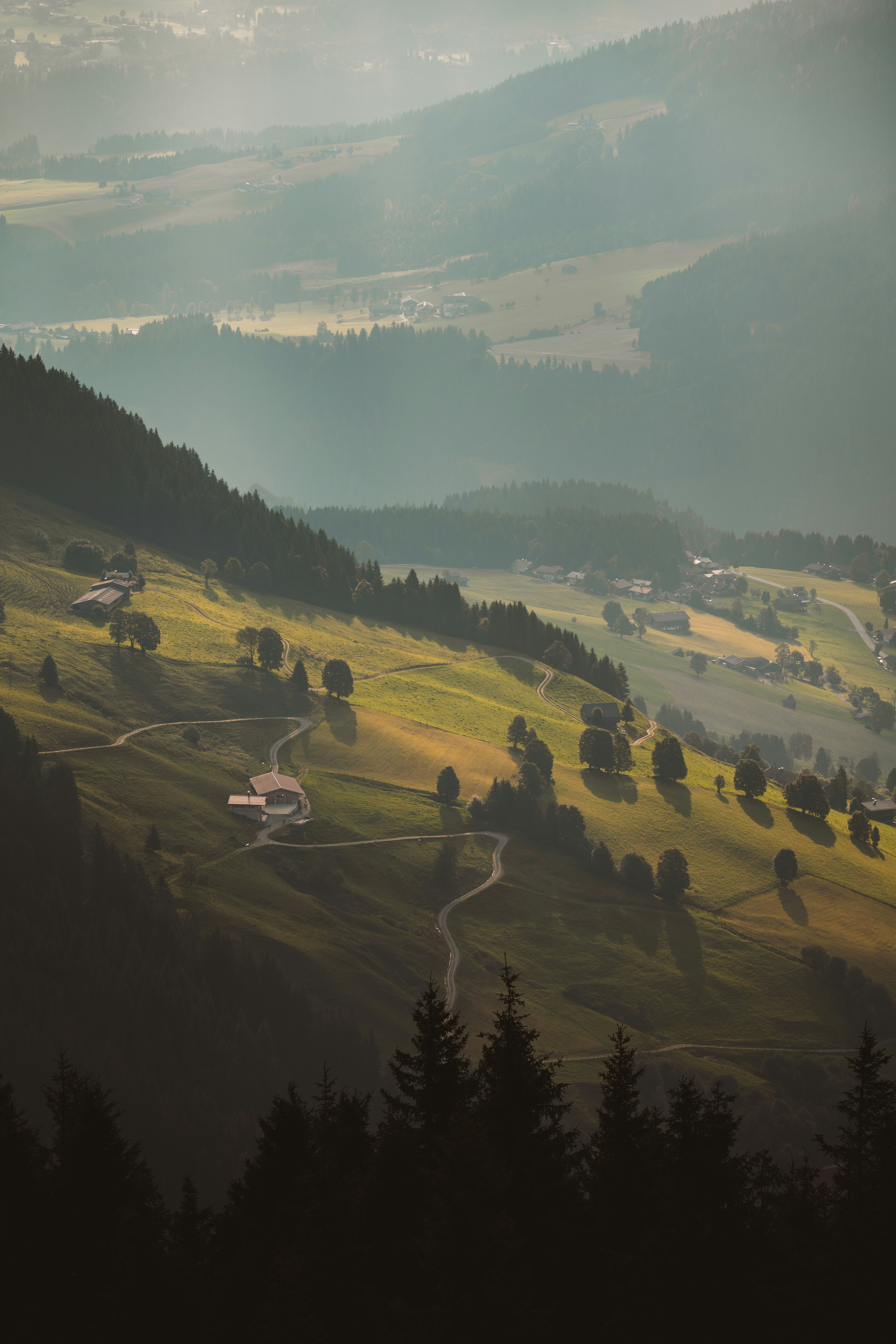 Serene Morning in the Valley | Rolling hills with winding road and scattered houses