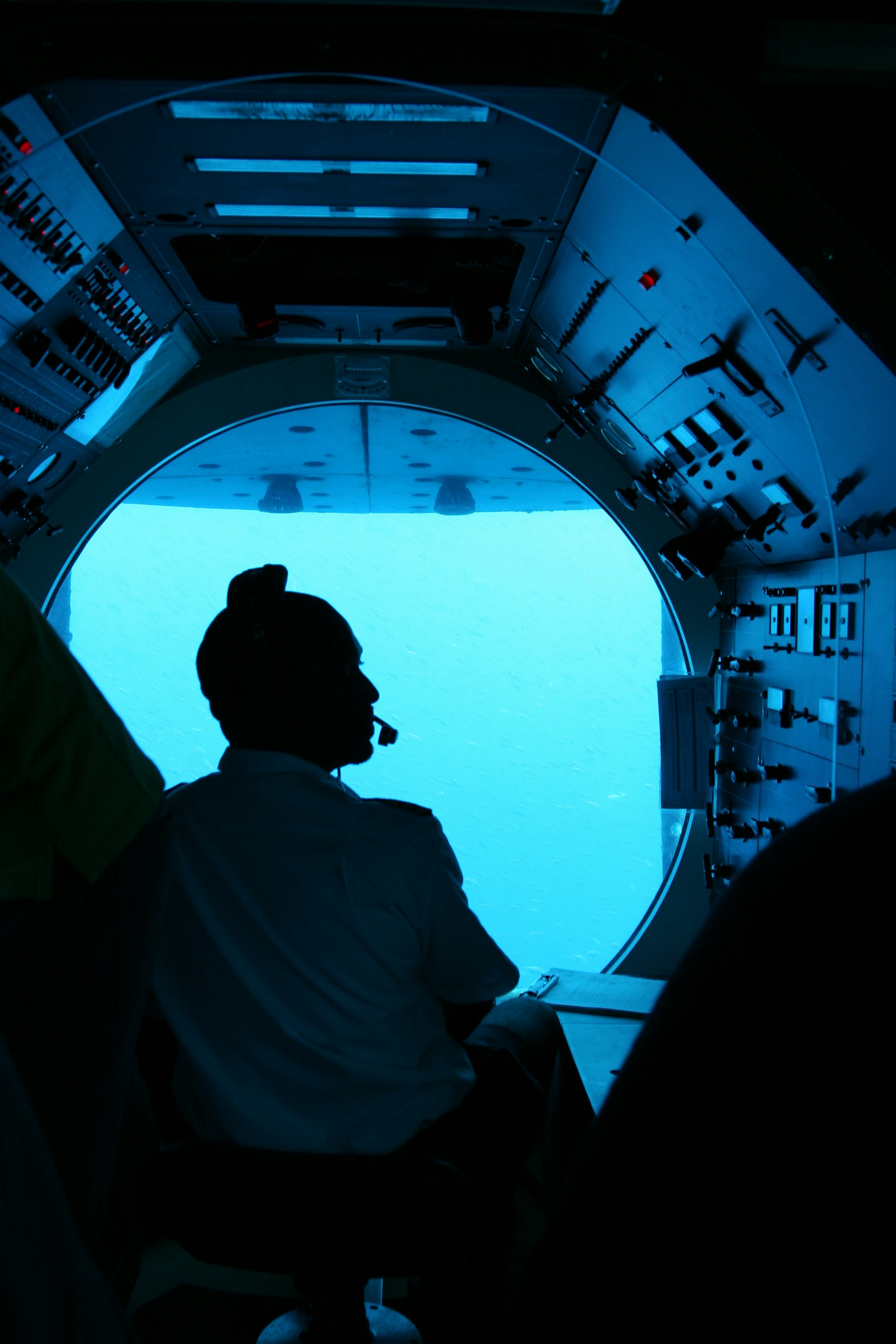 Under the sea | Person in submarine looking out large window at sea.
