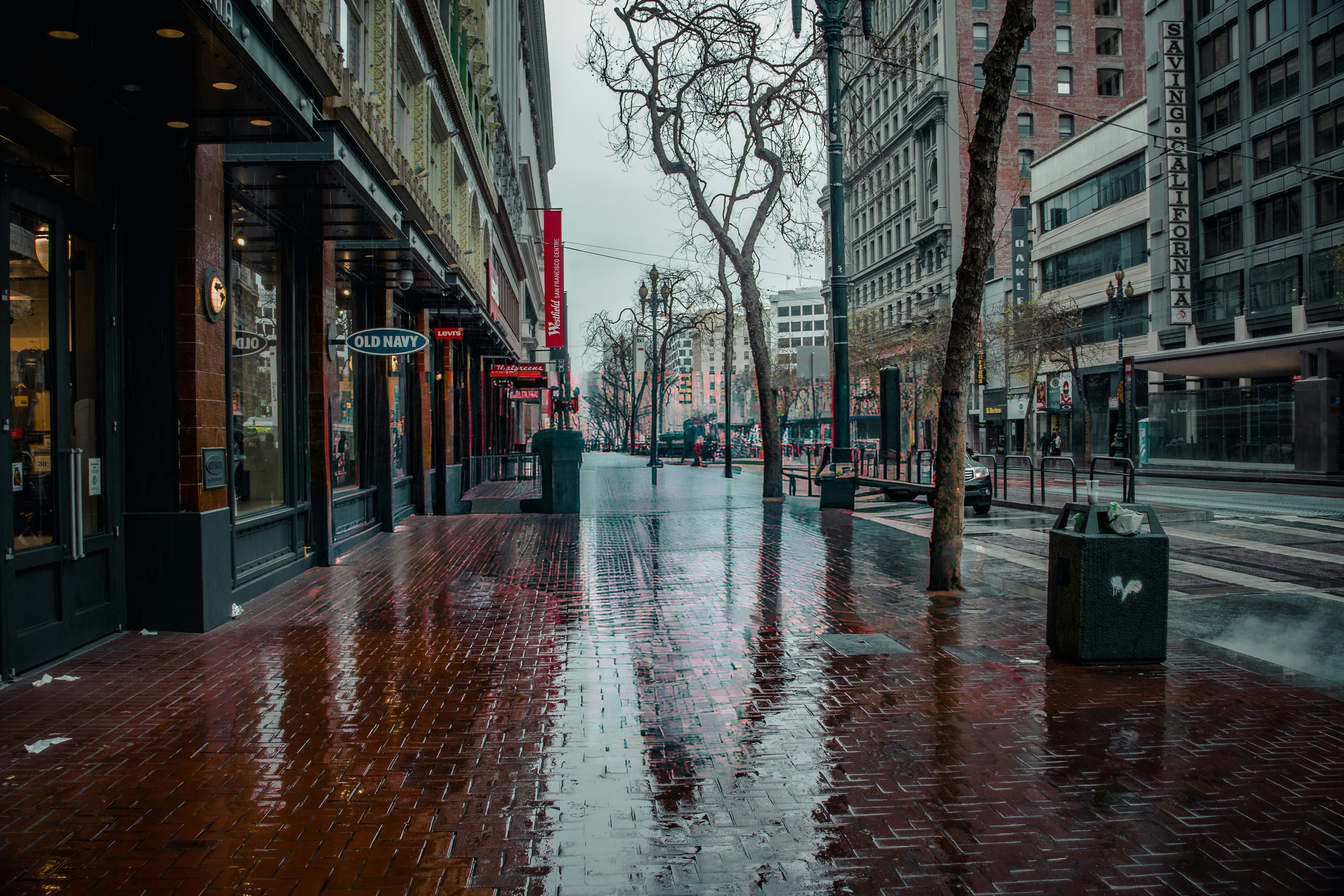 Wet city street with reflections after rain