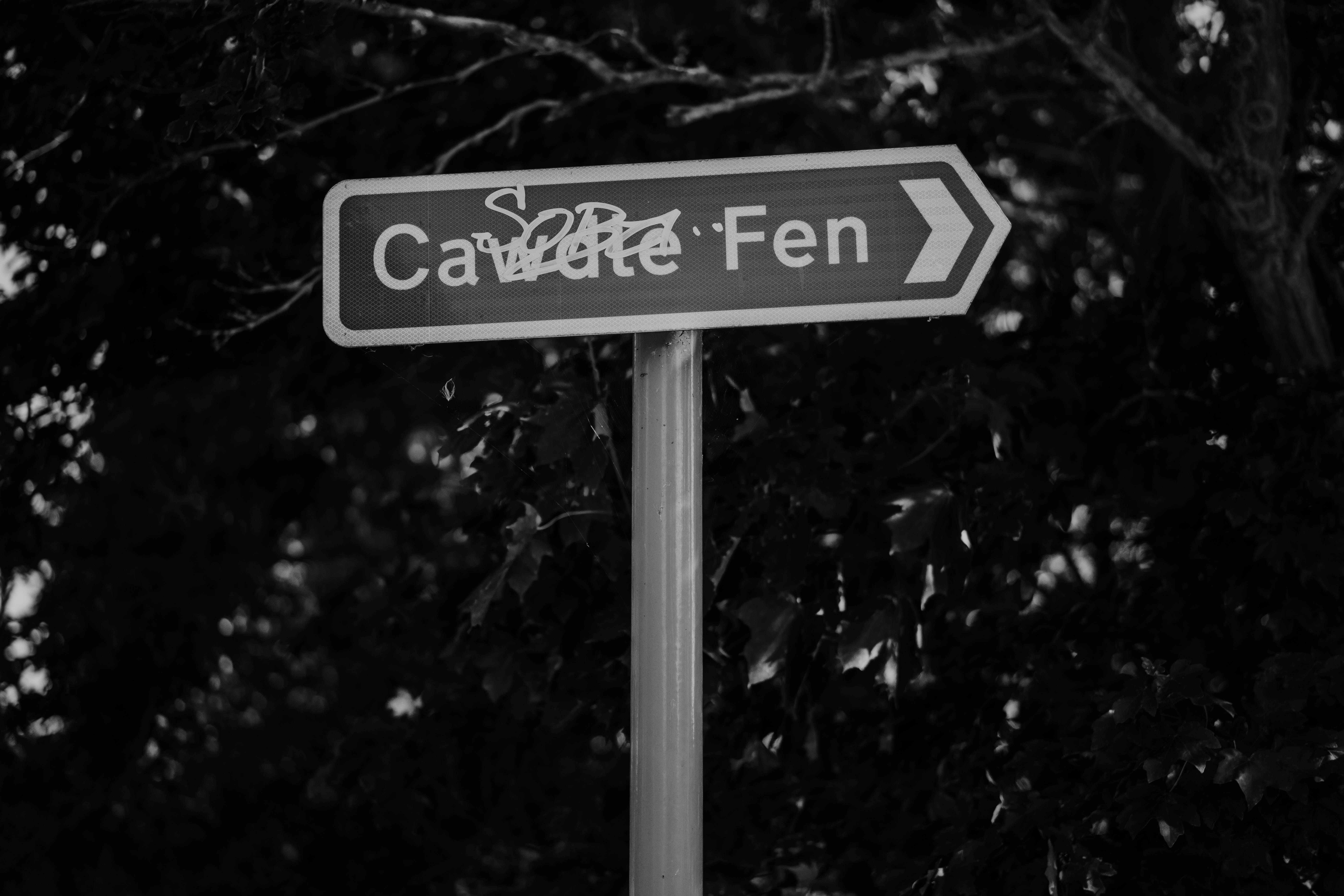 Weathered street sign indicating direction to 'Cavete Fen', surrounded by foliage.
