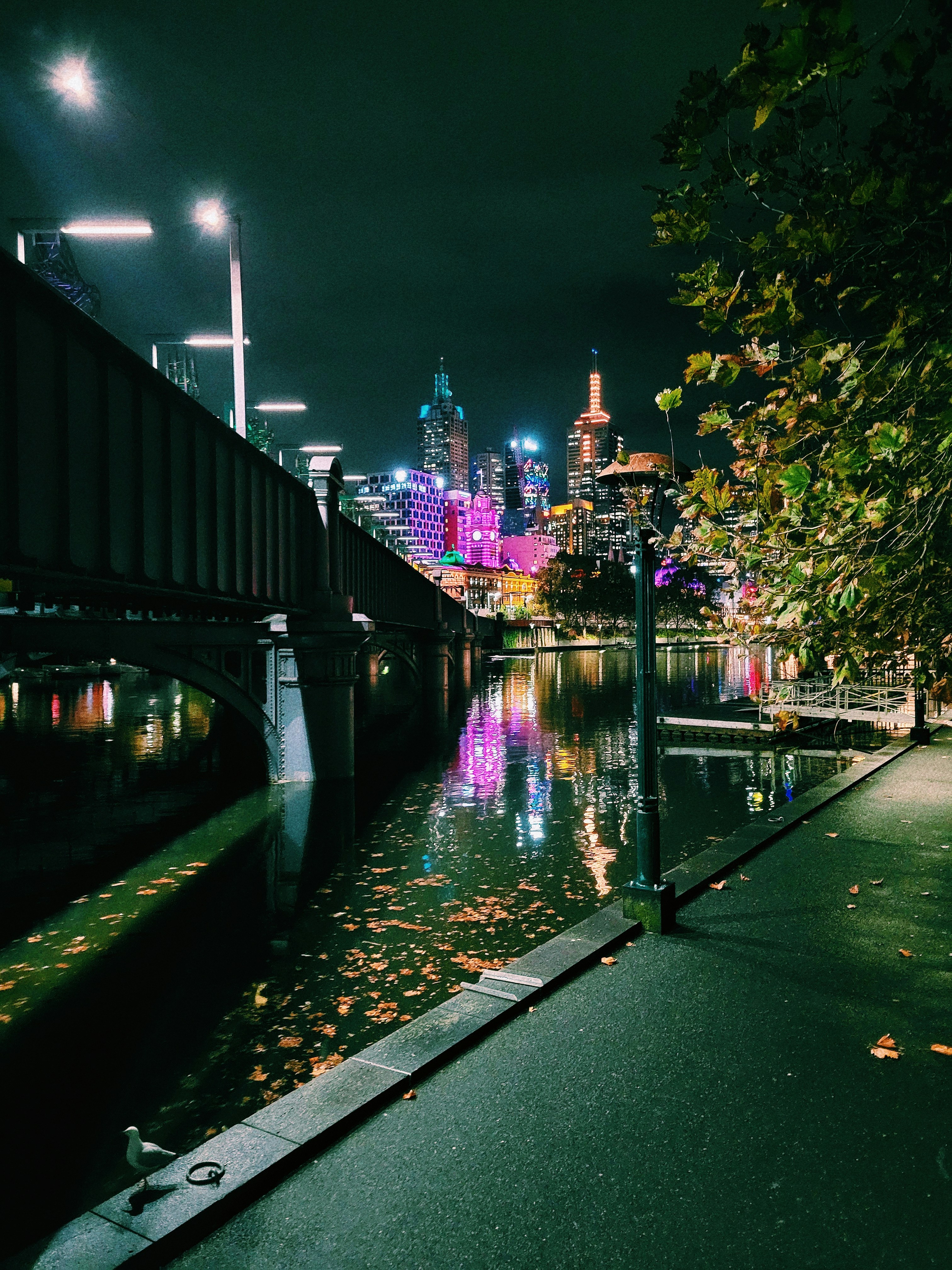 City skyline with colorful lights reflected in water at night.