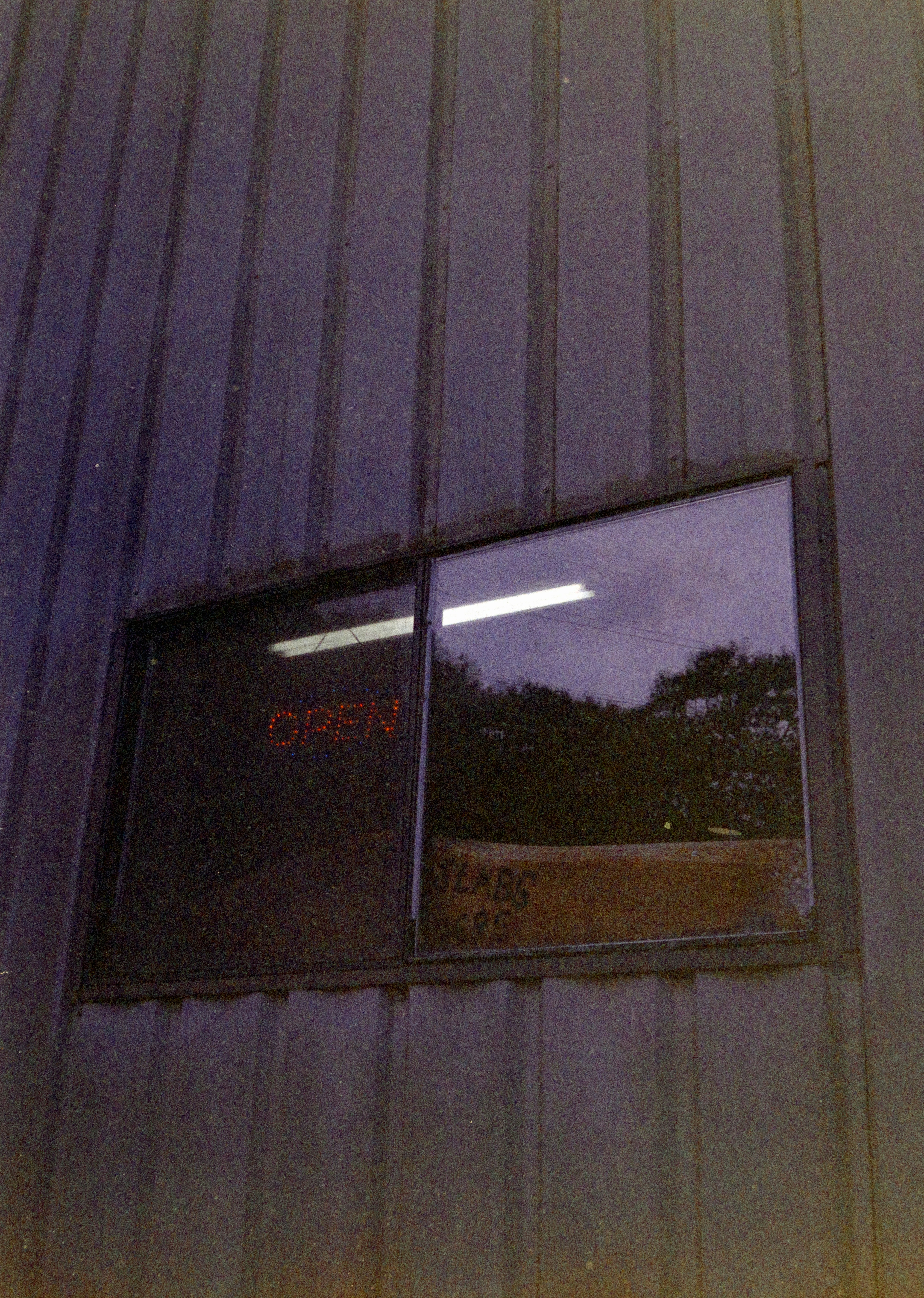 Building exterior with window reflecting trees and sky.