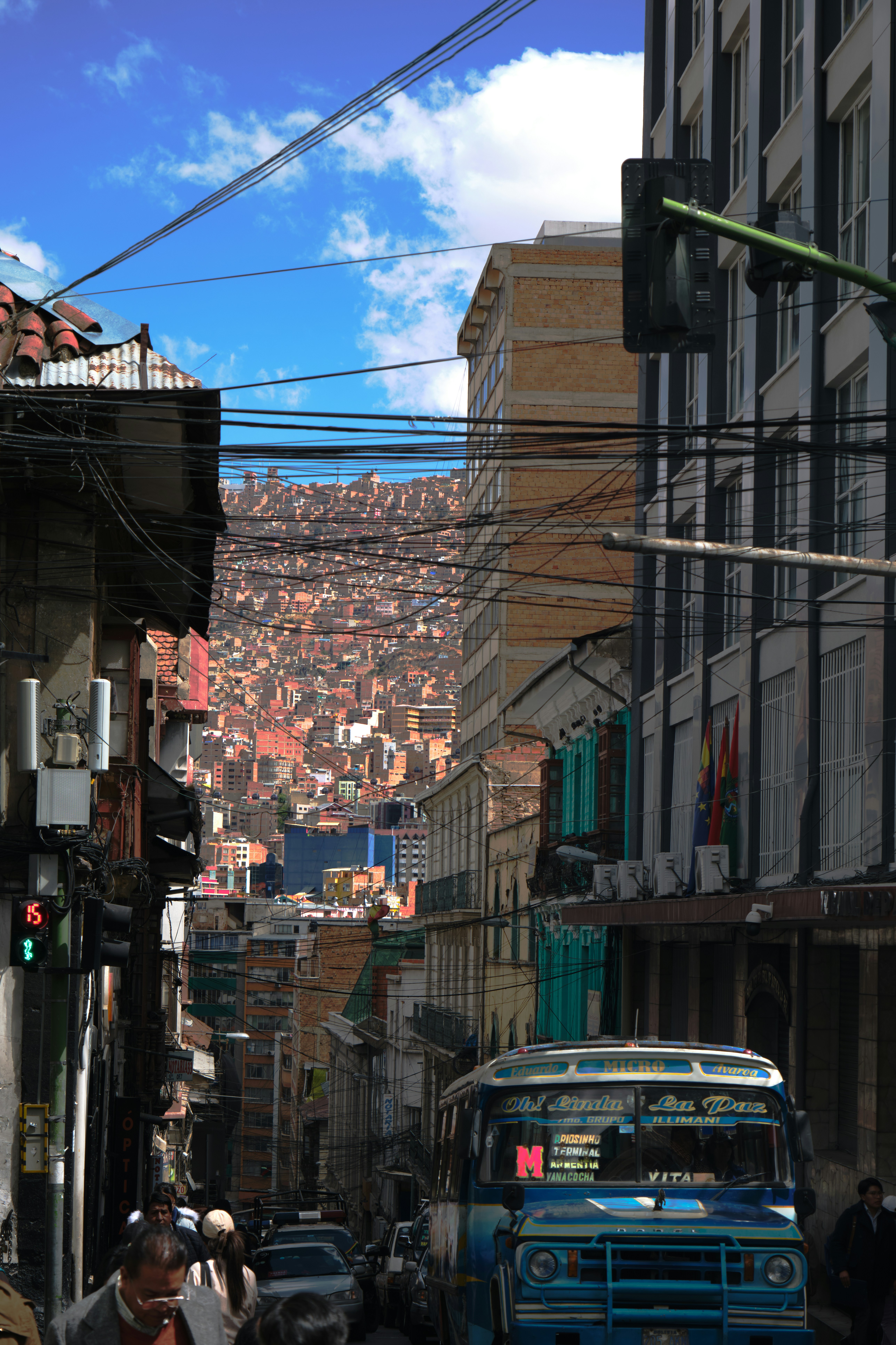 City street with buildings and a bus