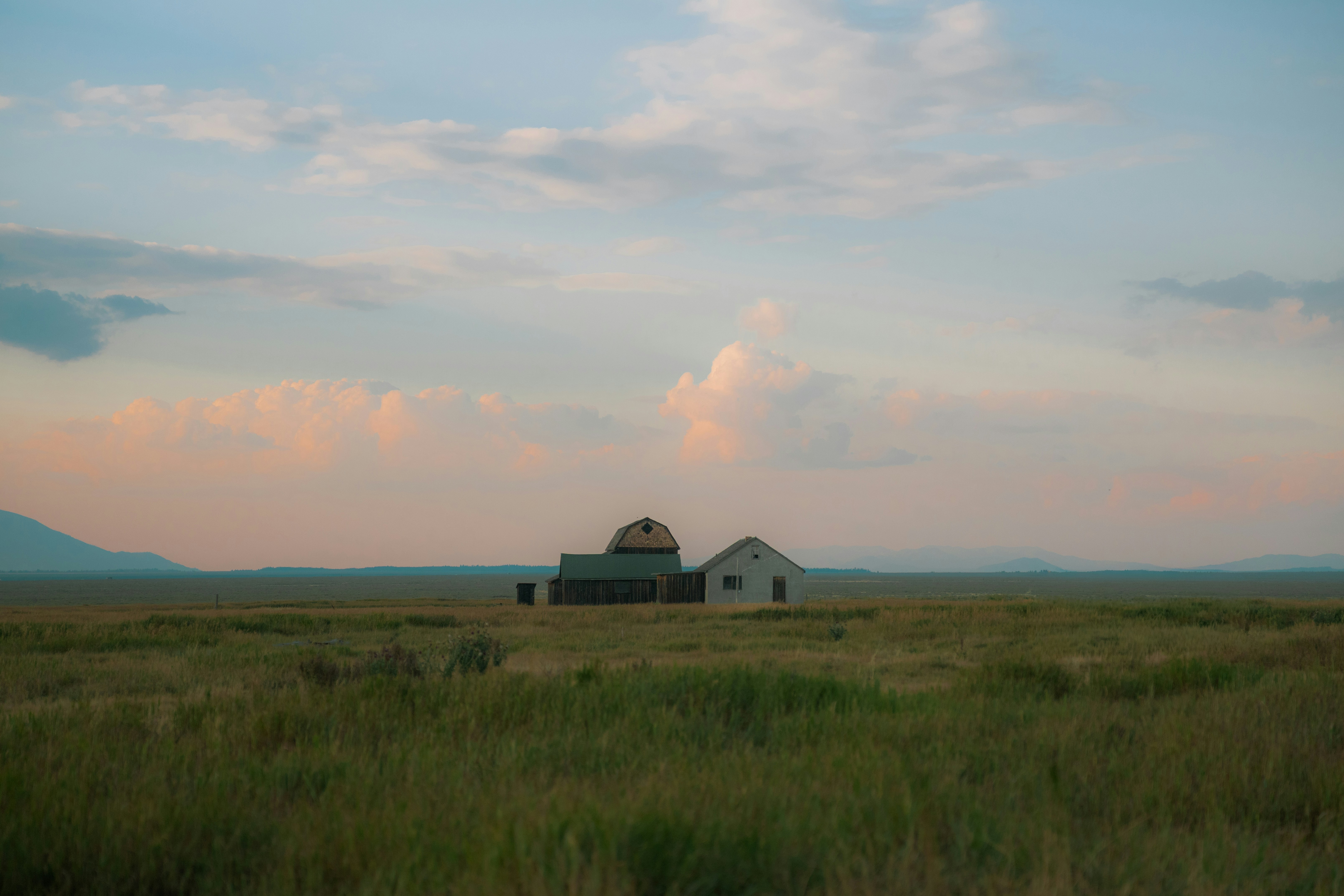 Old abandoned barn in a vast, grassy field.