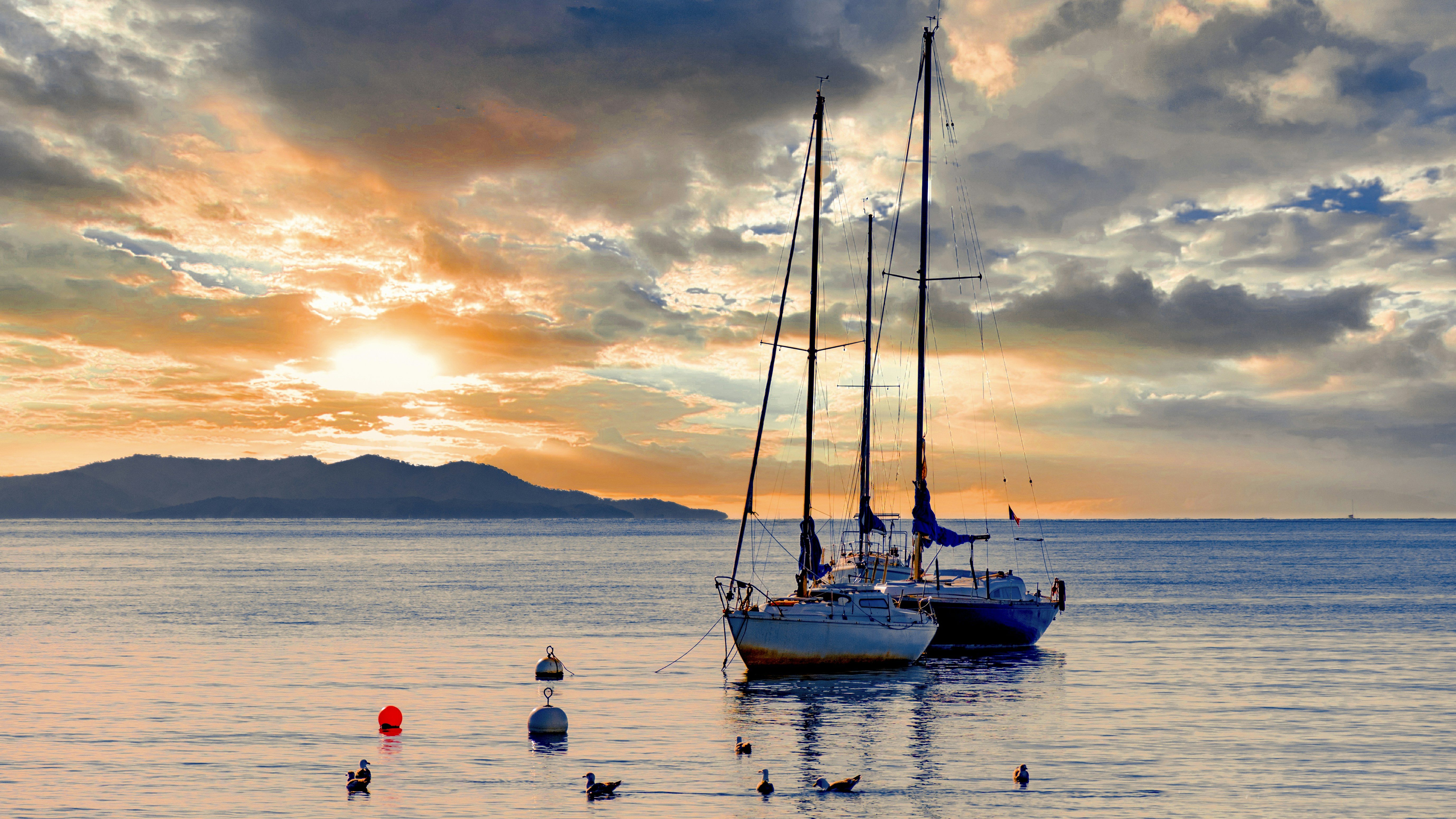 Sailboats float on calm water at sunset.