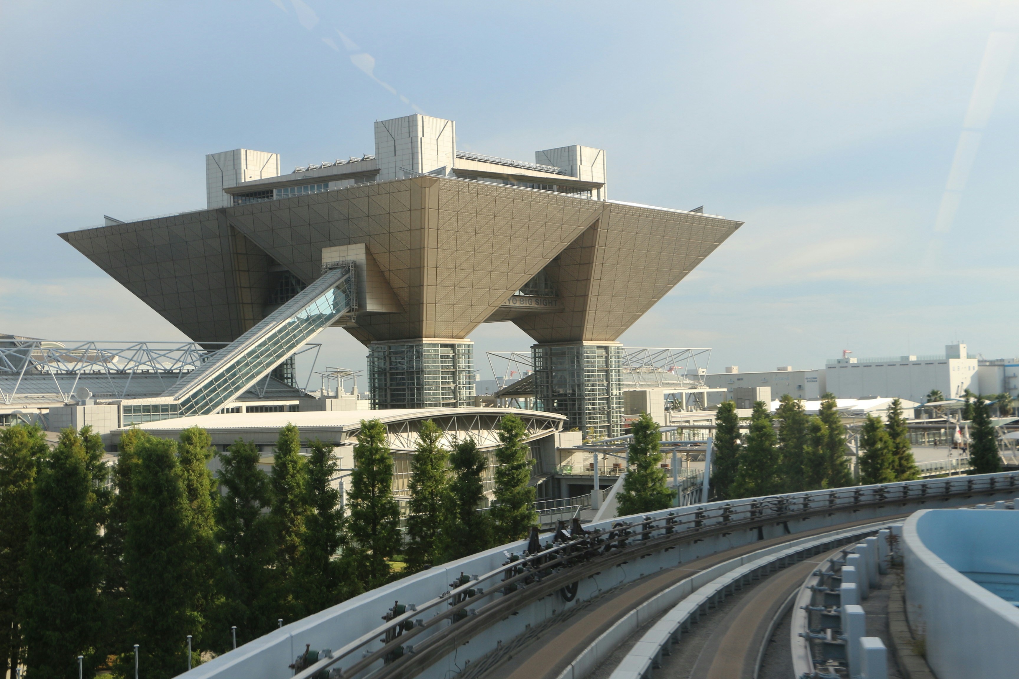 Modern convention center with unique architecture and monorail track ...